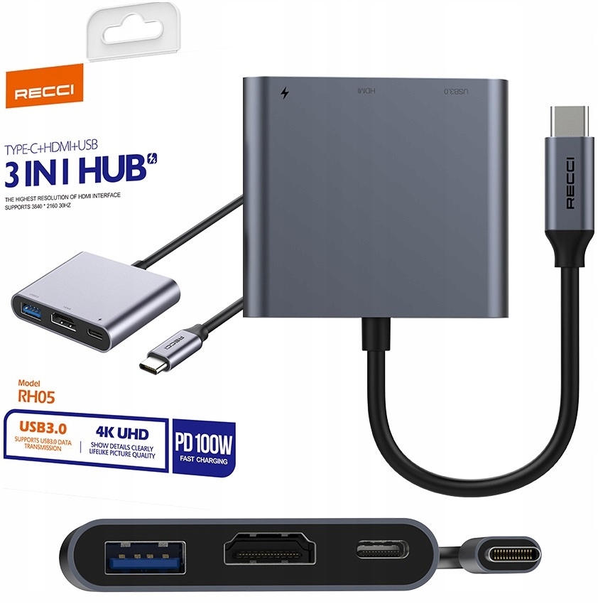 ADAPTER PRZEJŚCIÓWKA 3w1 HUB USB-C do HDMI 4K UHD USB 3.0 USB C 100W RECCI - porównaj ceny ...
