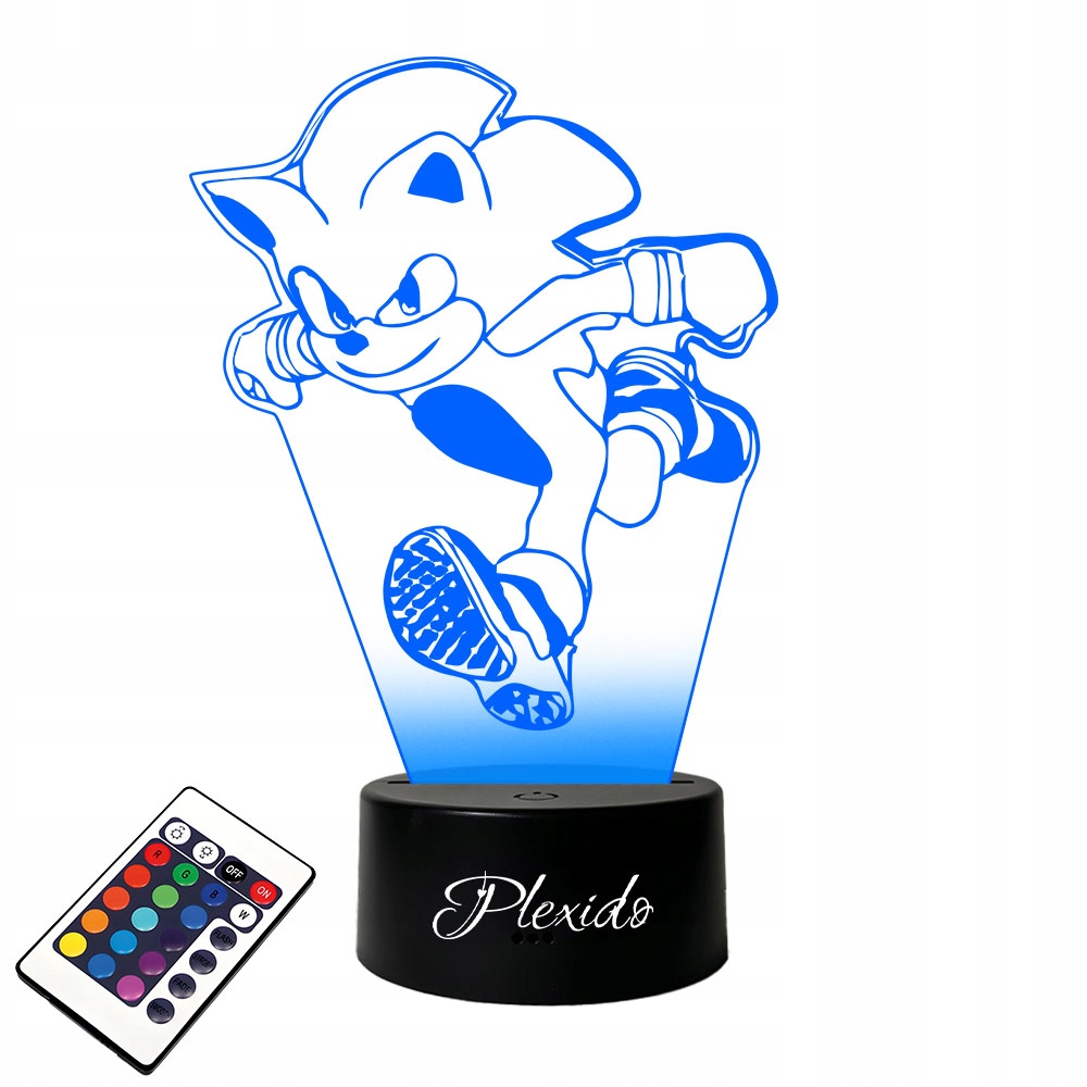 LAMPKA na SZKLE Bajka Sonic Błyskawica 3D LED RGB + PILOT 16 KOLORÓW ...