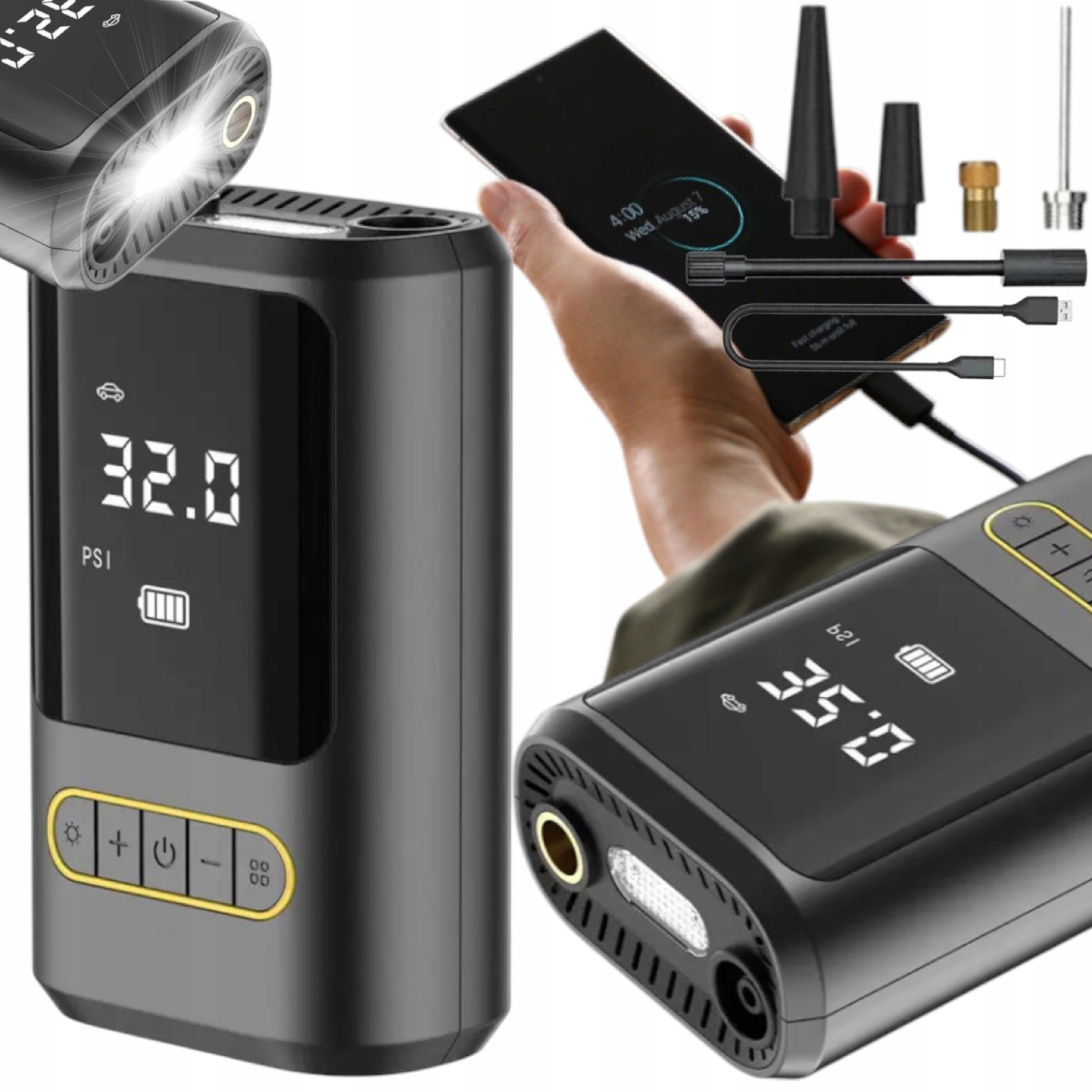 POMPKA SAMOCHODOWA ROWEROWA DO OPON PIŁKI KOMPRESOR POWERBANK LATARKA ...