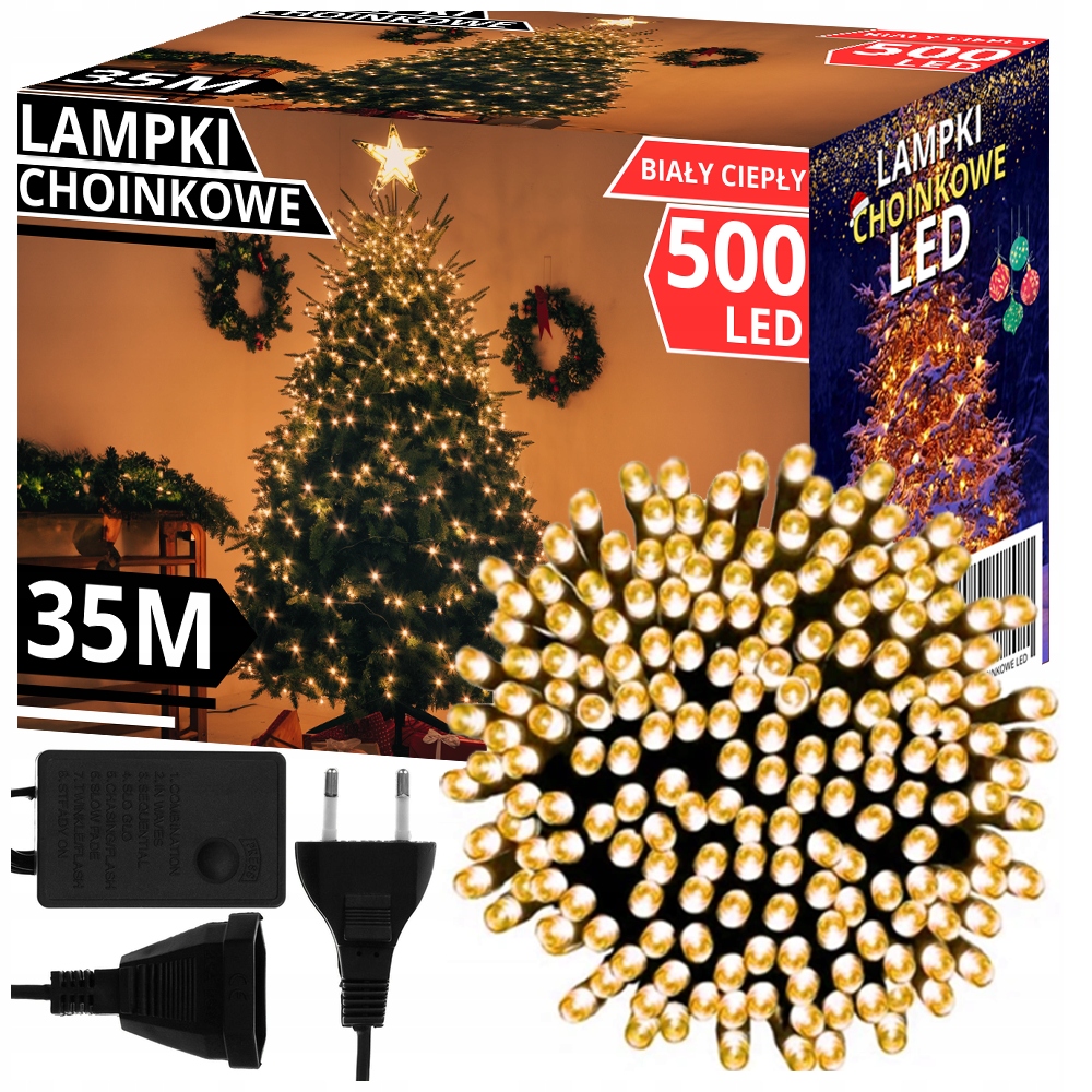 LAMPKI CHOINKOWE 500 LED BIAŁE CIEPŁE 35M PROGRAMATOR ŚWIATEŁKA ŁAŃCUCH (5905908348818) • Cena ...
