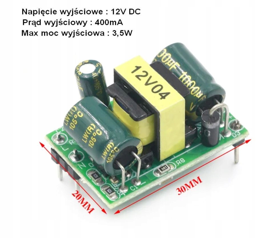 Moduł Zasilacz z AC 230V na DC 12V 400mA 3,5W Trafo transformatorek AC DC - Sklep, Opinie, Cena ...