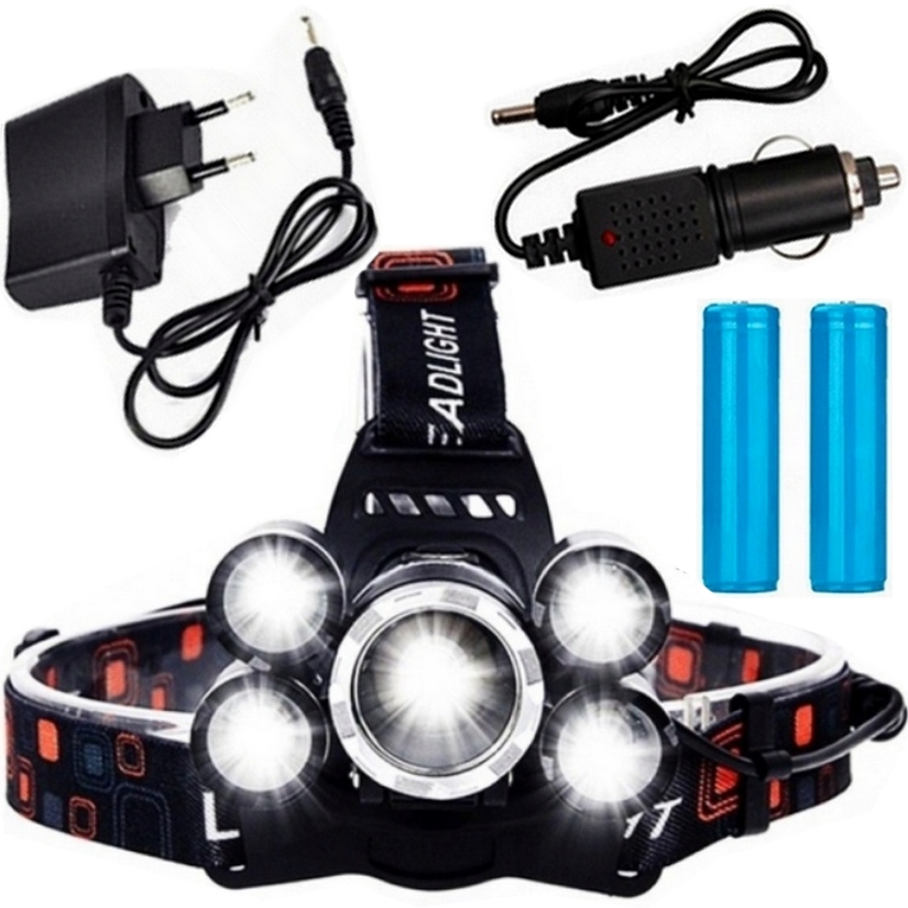 Latarka Czołowa 5 X Led T6 Cree Czołówka Aku - 5903957002774 - 15438519528 - Allegro