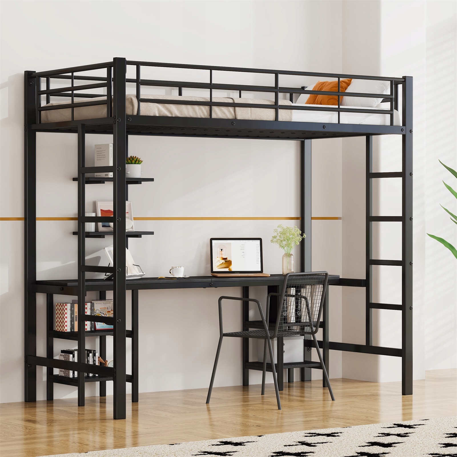 Iron Bunk Bed with Desk - Fall Protection, Shelves, Heavy-Duty Frame ...