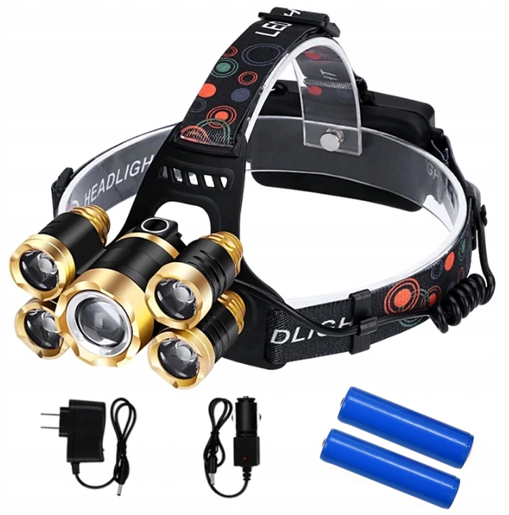 MOCNA LATARKA CZOŁOWA 5 x LED T6 CREE CZOŁÓWKA AKUMULATOROWA CZOŁÓWKA - 3173867478750 ...