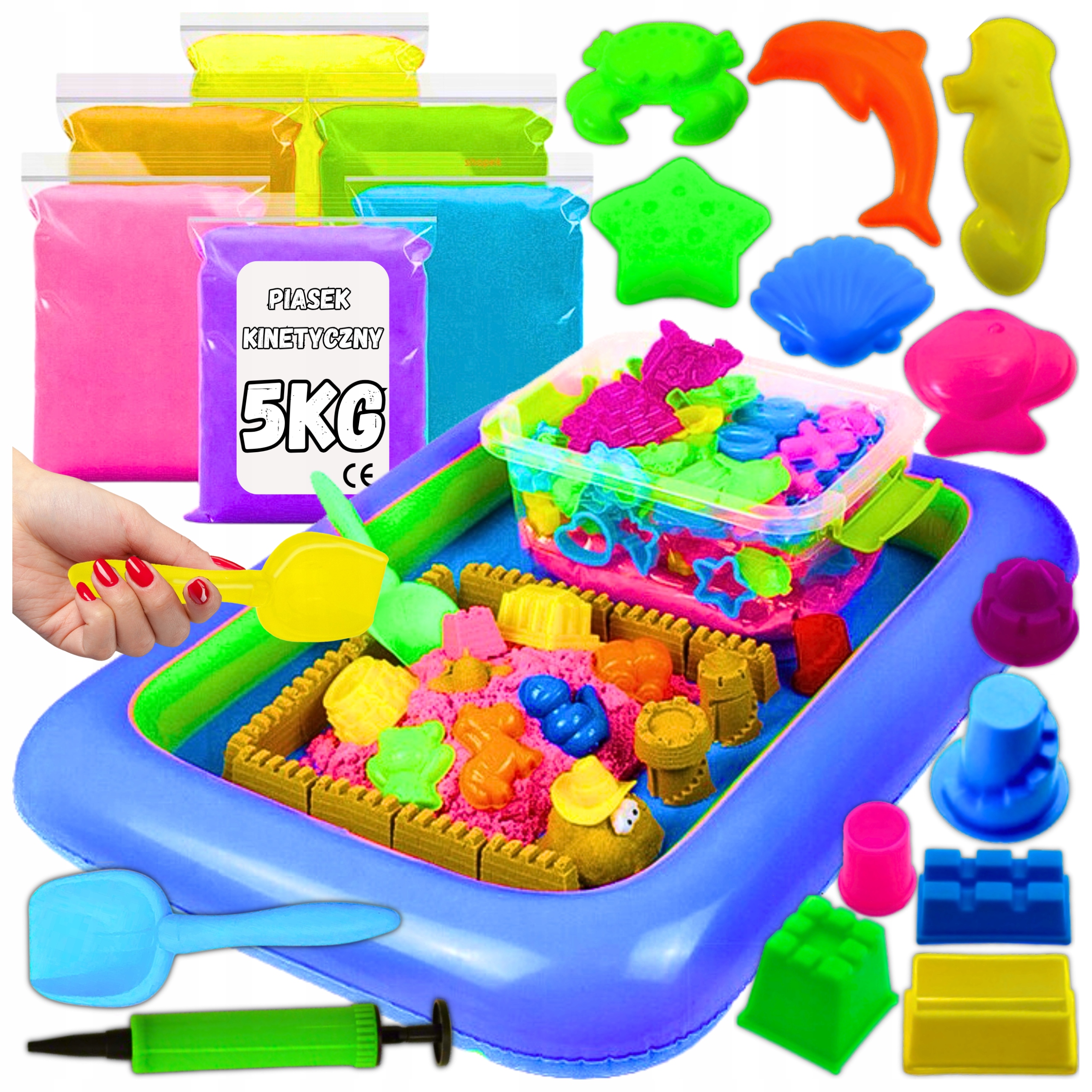 PIASEK KINETYCZNY 5kg +BASEN FOREMKI ŁOPATKA PIASKOWNICA WIADERKO ...