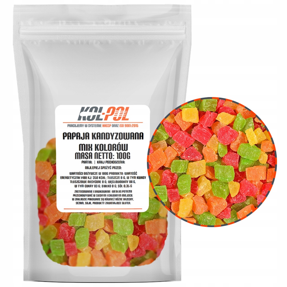 PAPAJA KANDYZOWANA KOSTKA 100g Suszona kolorowa 11873349989 - Allegro.pl