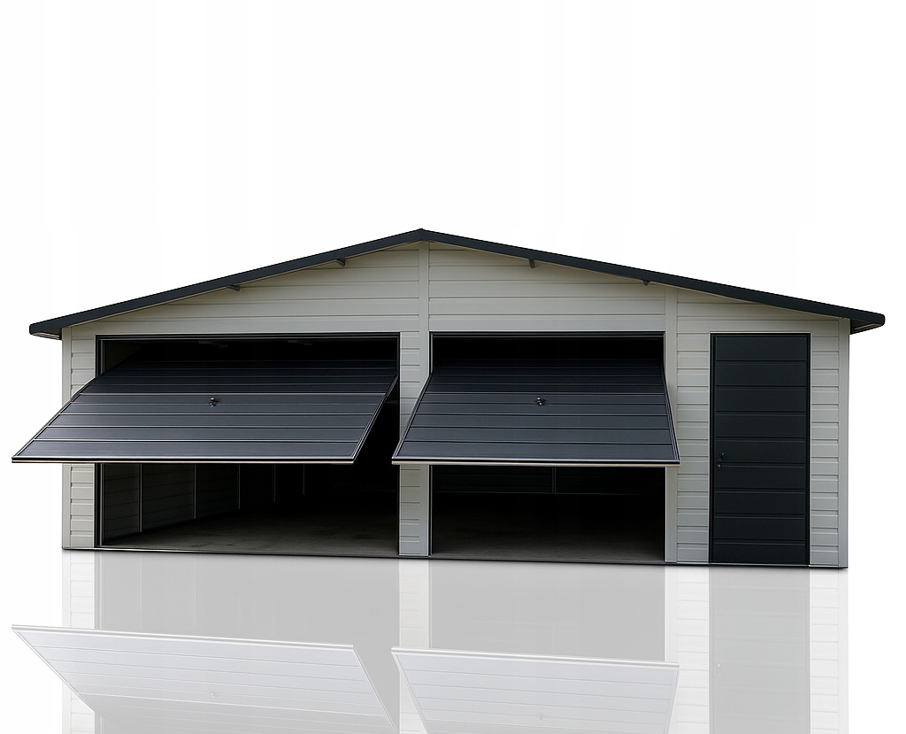 Garaż metalowy Robstal 7x5 m dach dwuspadowy brama podnoszona 2 bramy ...