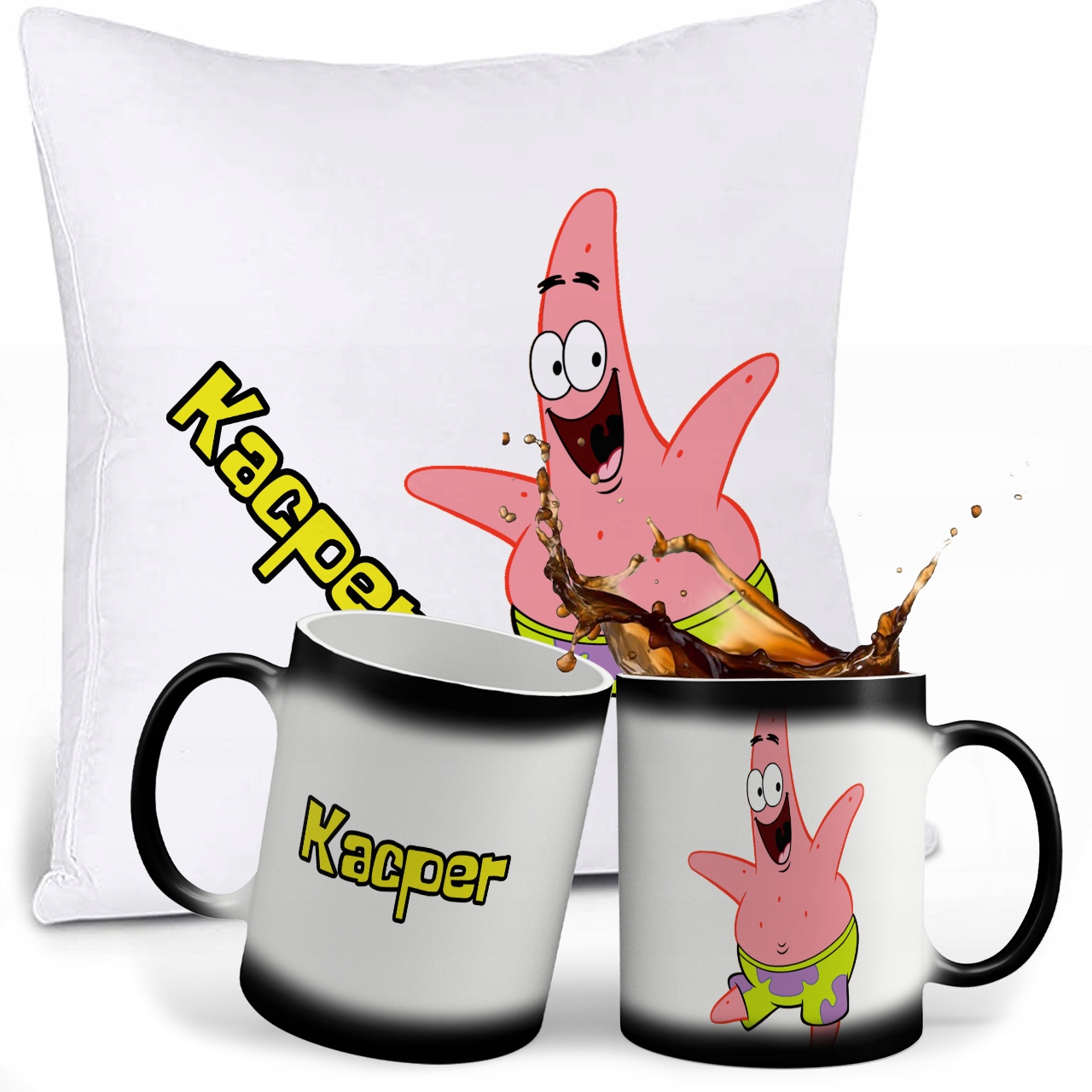 SADA SPONGEBOB MAGICKÝ HRNČEK + VANKÚŠ + MENO za 11,96 € - Allegro