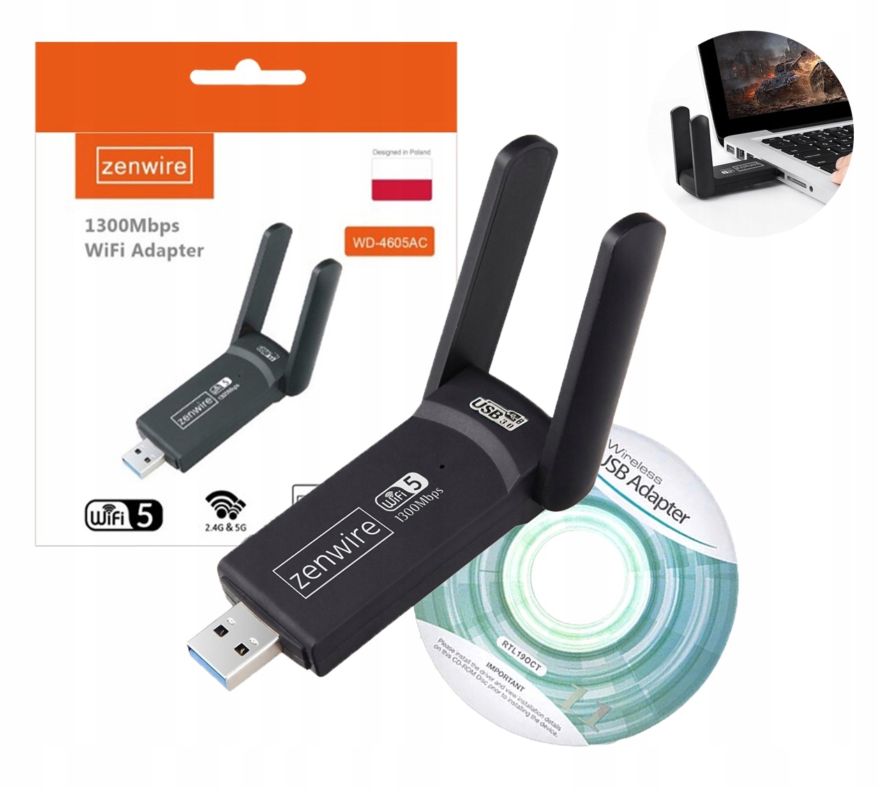Adapter WiFi USB 3.0 Karta Sieciowa 1300MBps 5Ghz do Komputera Antena ...