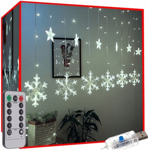 KURTYNA ŚWIETLNA SOPLE PŁATKI I GWIAZDKI PILOT LED (5904844546678 ...