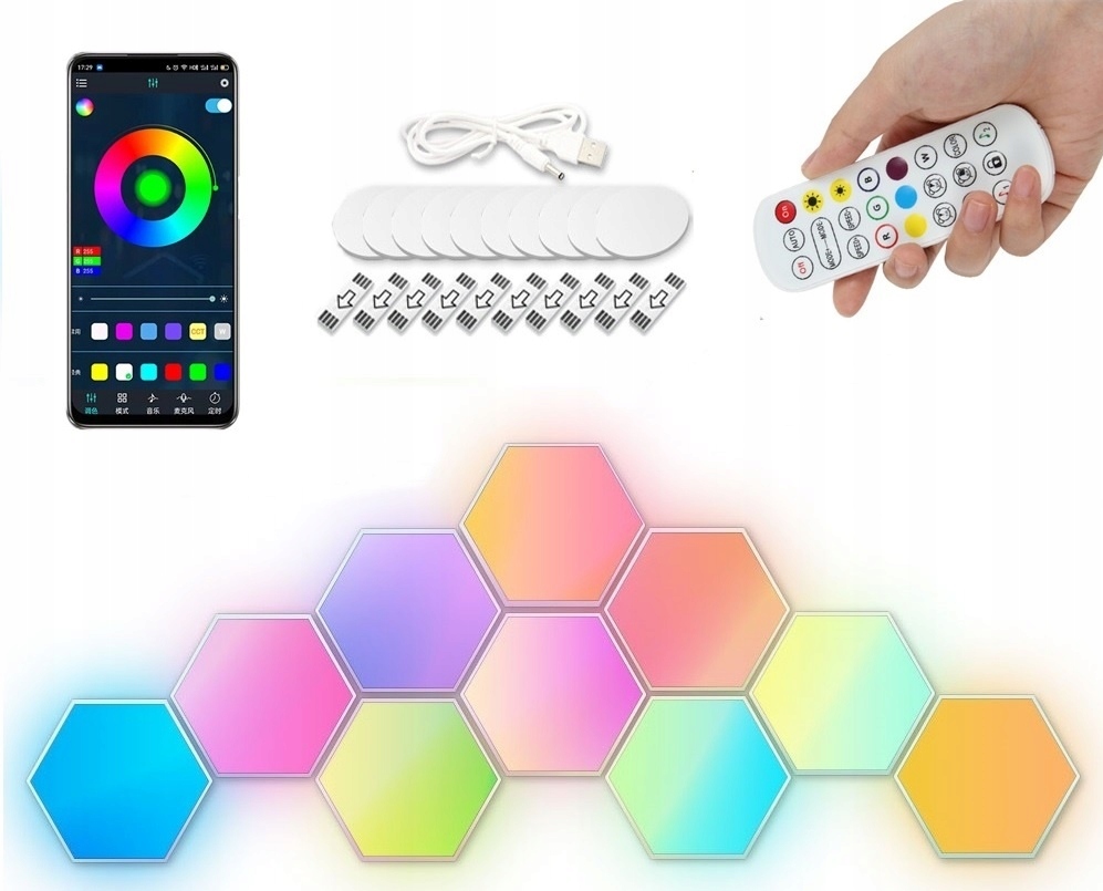 Lampa Hexagon x8 plaster miodu RGBIC USB PILOT APLIKACJA ZESTAW TIMER ...