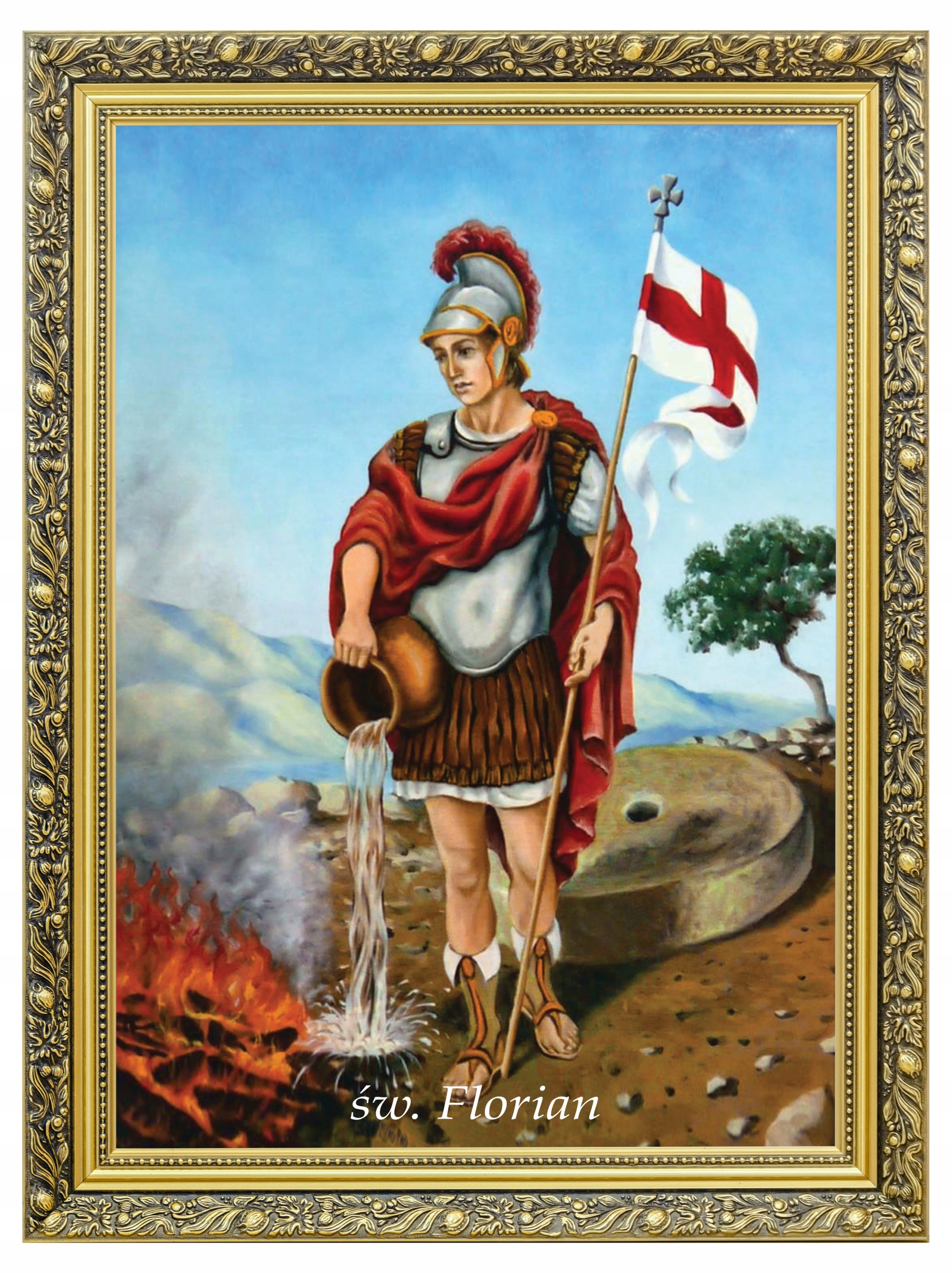 ŚWIĘTY FLORIAN PATRON STRAŻAKA | OBRAZ SAKRALNY | ZŁOTA RAMA ZDOBIONA ...