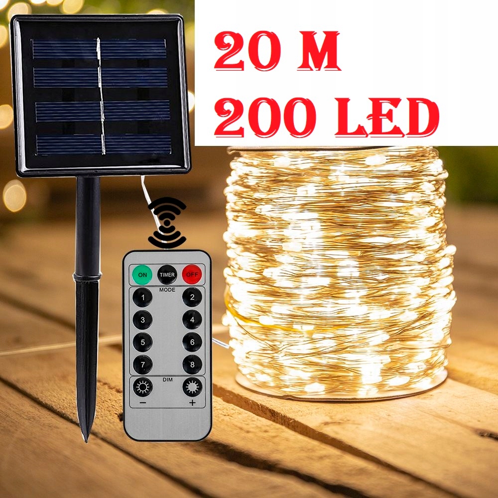 Lampki choinkowe SOLARNE, ogrodowe, 200 LED, 20 m, PILOT, zmierzchowe ... Lampki choinkowe SOLARNE, ogrodowe, 200 LED, 20 m, PILOT, zmierzchowe ...