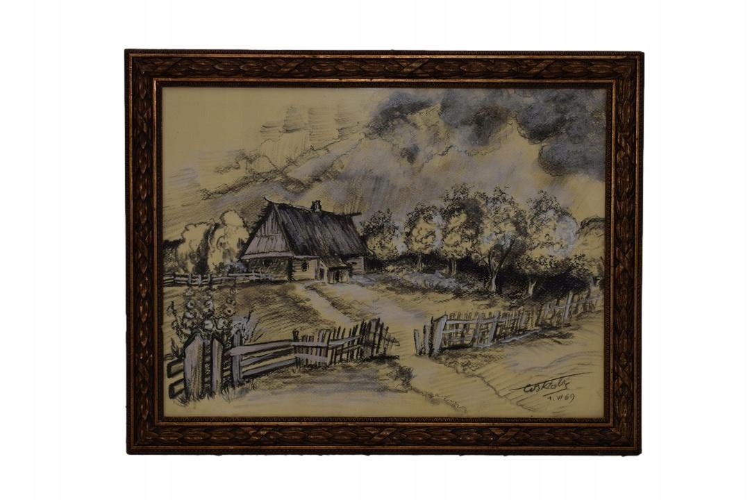 Wiktor Zin 1969 - GÓRSKA CHATA - Pastel za Szkłem Polski Stary Obraz ...