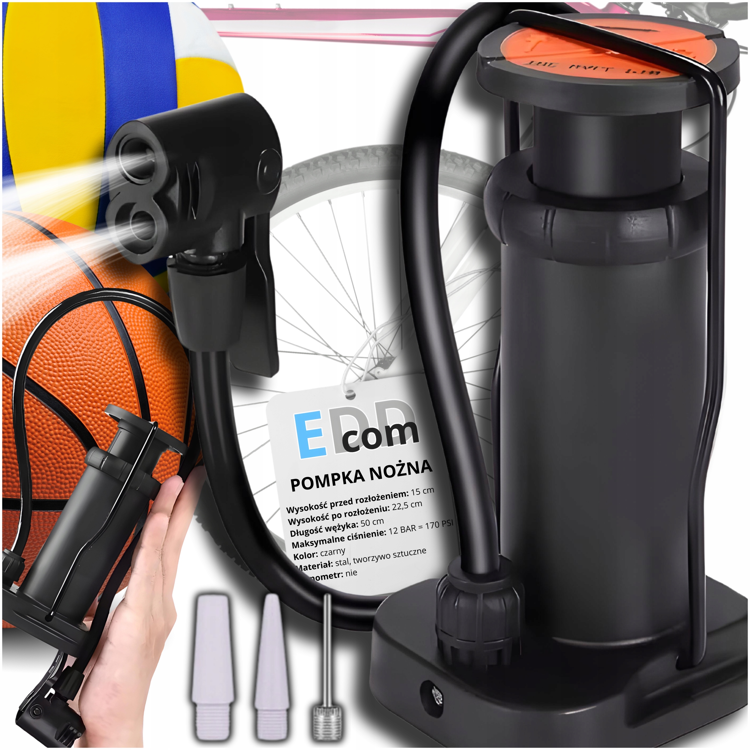POMPKA ROWEROWA SAMOCHODOWA NOŻNA RĘCZNA PRZENOŚNA PODŁOGOWA + KOŃCÓWKI ...