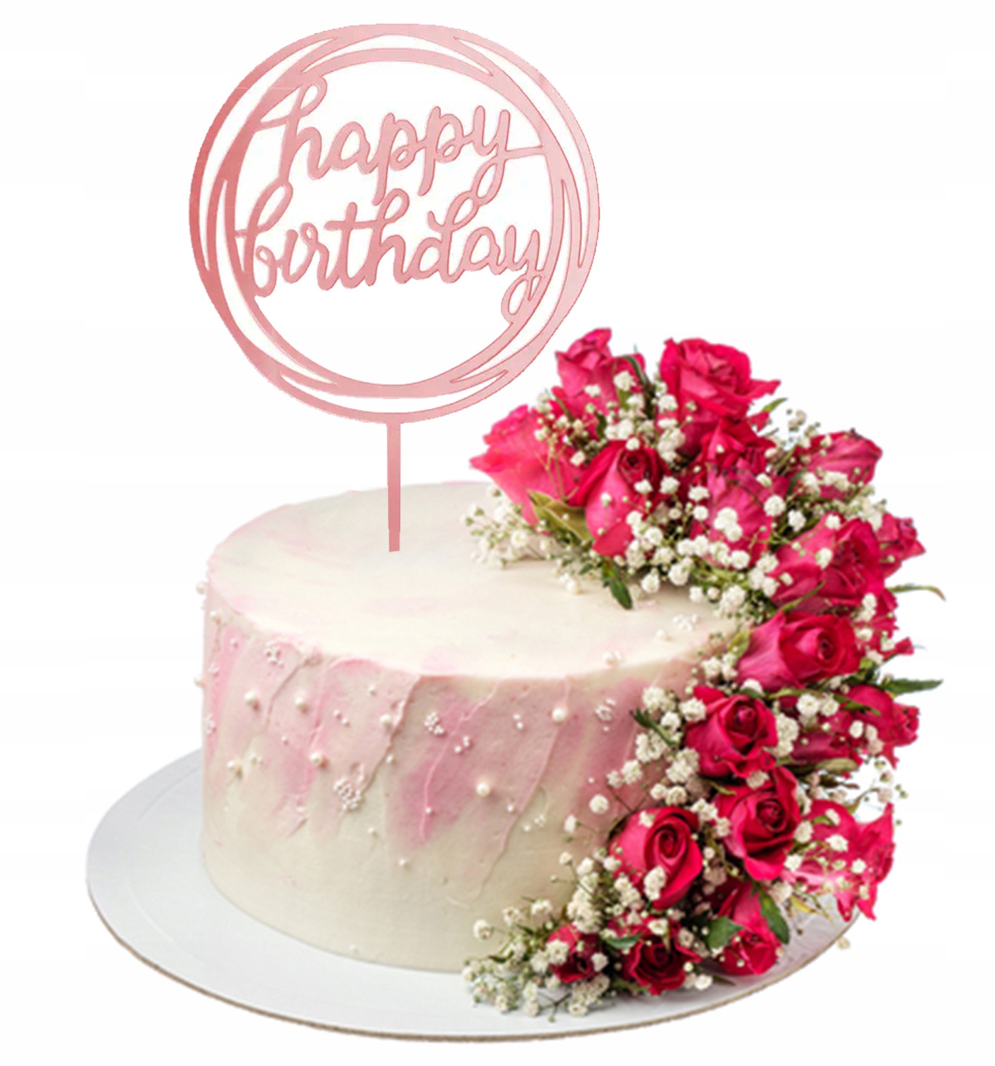 TOPPER NA TORT URODZINY HAPPY BIRTHDAY ROS GOLD OKRĄGŁY LUSTRZANY ...