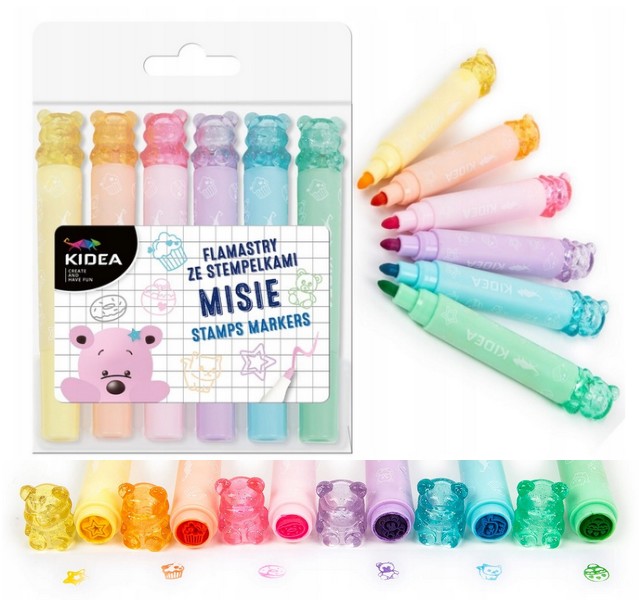Kidea FLAMASTRY DWUSTRONNE PISAKI ZE STEMPELKAMI MISIE 6 kolorów ...