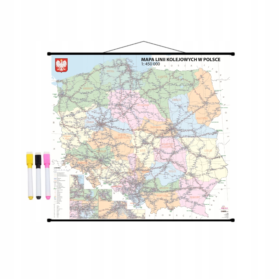 Mapa Polski KOLEJOWA Duża 157cm x 147 kod 0034 + GRATIS markery 3szt ...