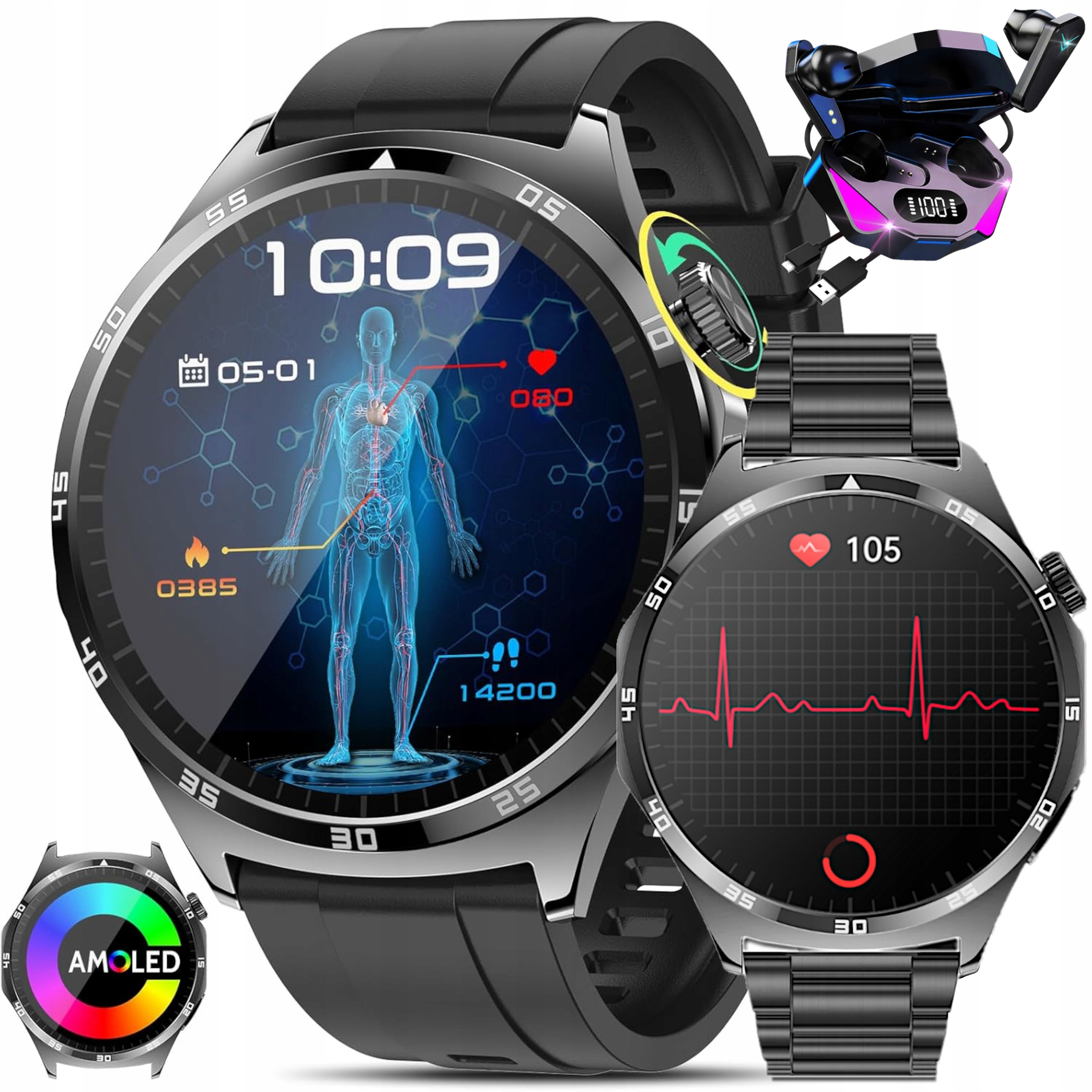 SMARTWATCH ZEGAREK EKG CIŚNIENIOMIERZ ROZMOWY MENU PL 2 Paski ...