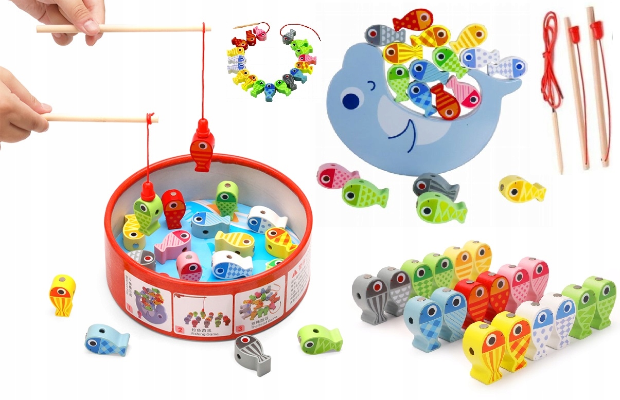 GRA DREWNIANA DELFIN ŁOWIENIE RYBEK WĘDKI KORALE • Cena, Opinie - Allegro