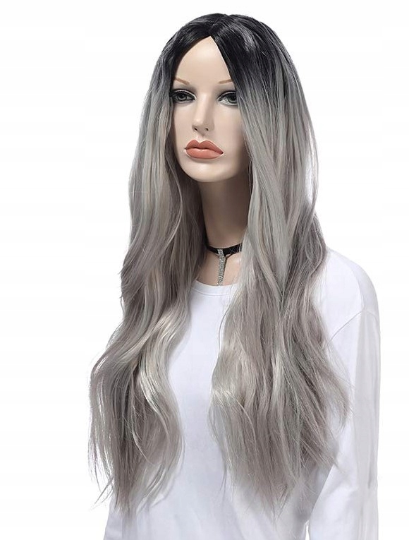 PARUKA DLOUHÉ VLASY ŠEDÉ OMBRE KUDRNATÉ W33 za 274.00CZK - Allegro
