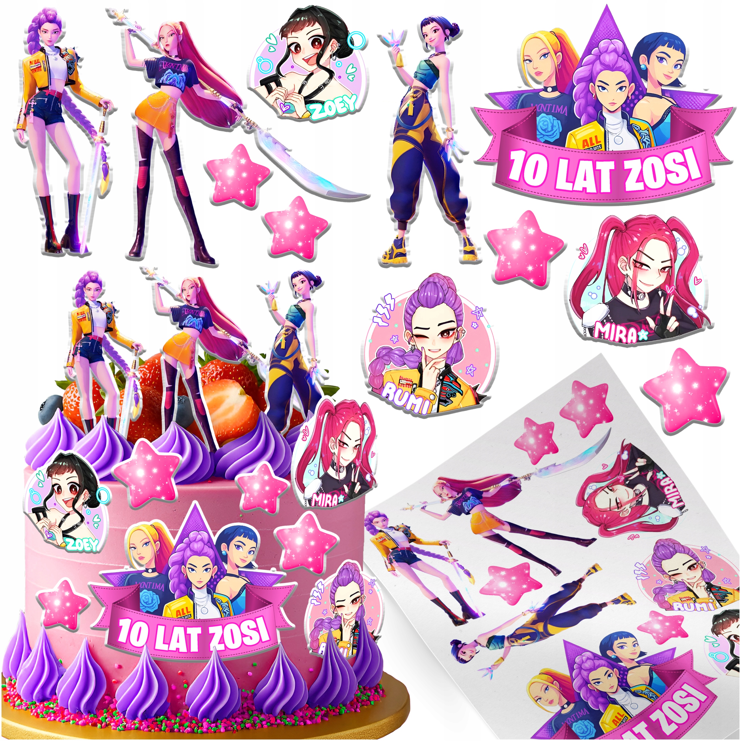 MEGA ZESTAW WYDRUK CUKROWY HUNTRIX KPOP DEMON HUNTERS OPŁATEK NA TORT ...