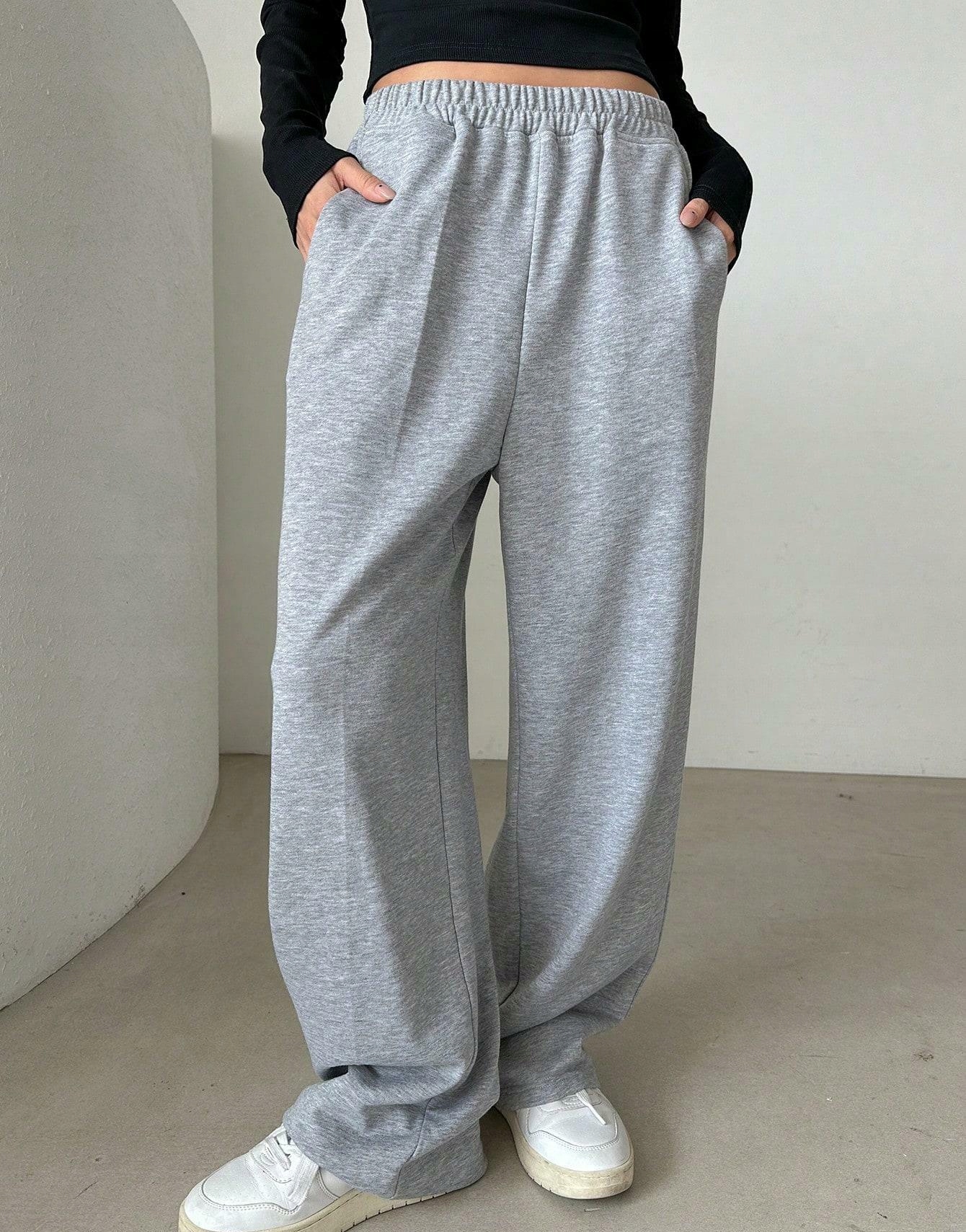 LUŹNE SPODNIE DRESOWE PROSTE JASNOSZARE WZÓR MELANŻ KLASYCZNE GUMKA ...