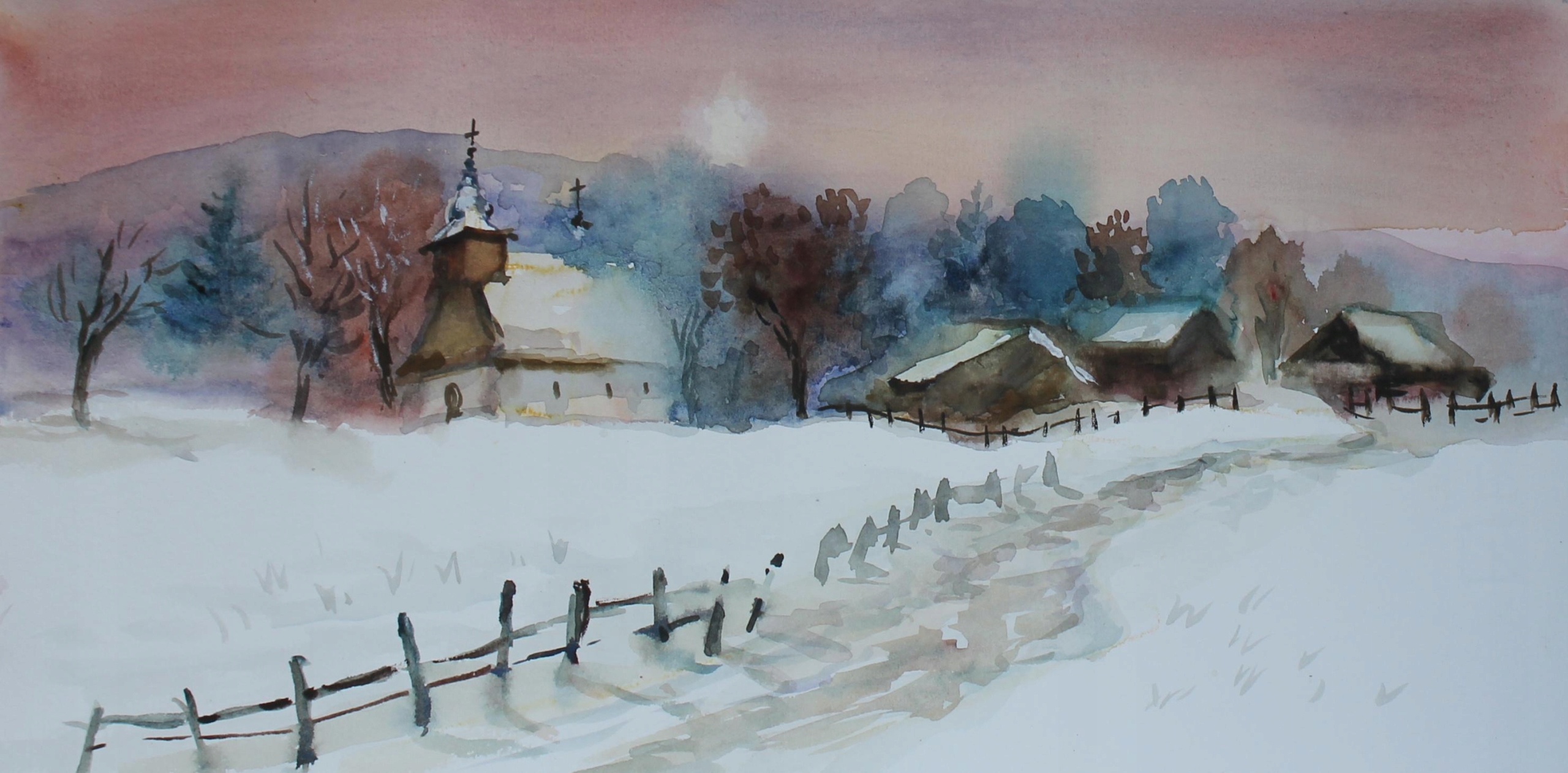 Zima na wsi pejzaż Akwarela Sabina Salamon 39x19 • Cena, Opinie • Pejzaż 17320937167 • Allegro