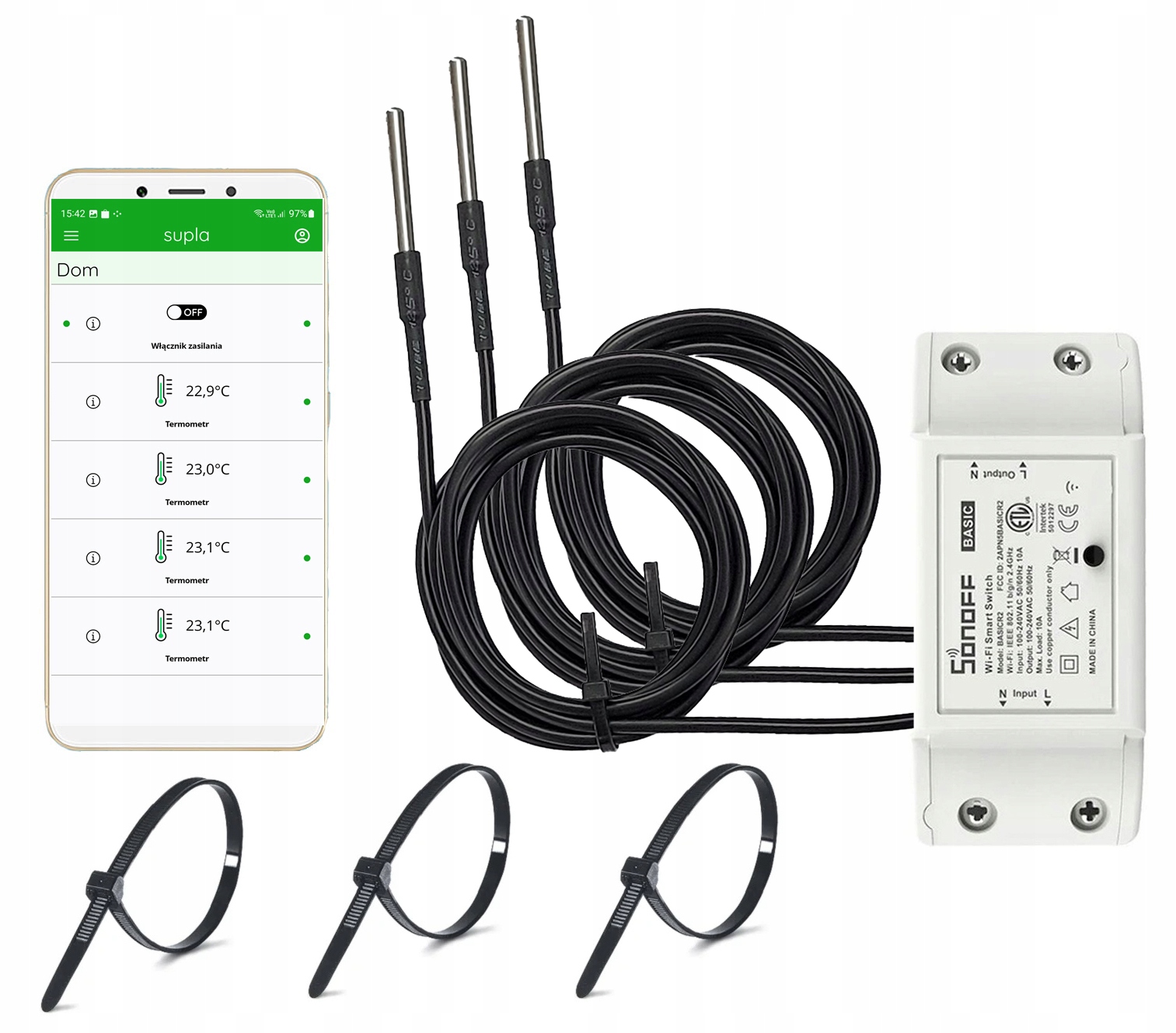 SONOFF BASIC R2 INTELIGENTNÍ TERMOSTAT MĚŘENÍ TEPLOTY WiFi 3x1m SUPLA - Allegro