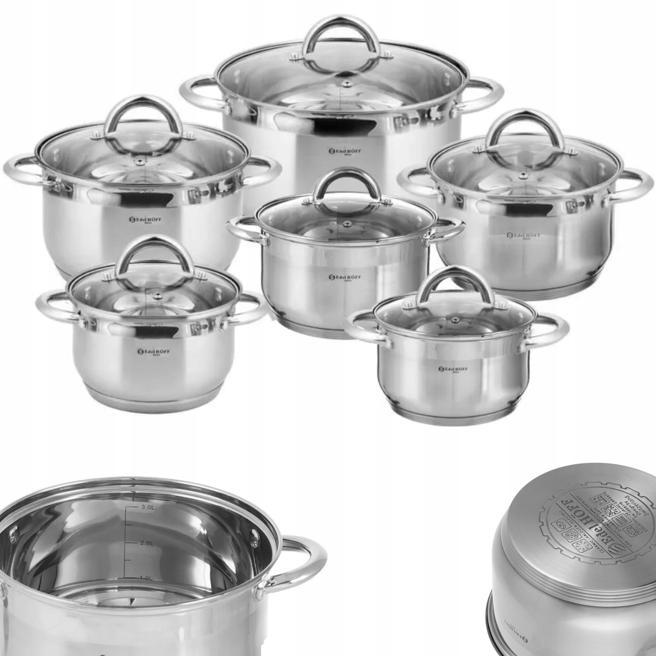 ZESTAW GARNKÓW STALOWYCH INDUKCJA GAZ KOMPLET stal nierdzewna 12 EL ...