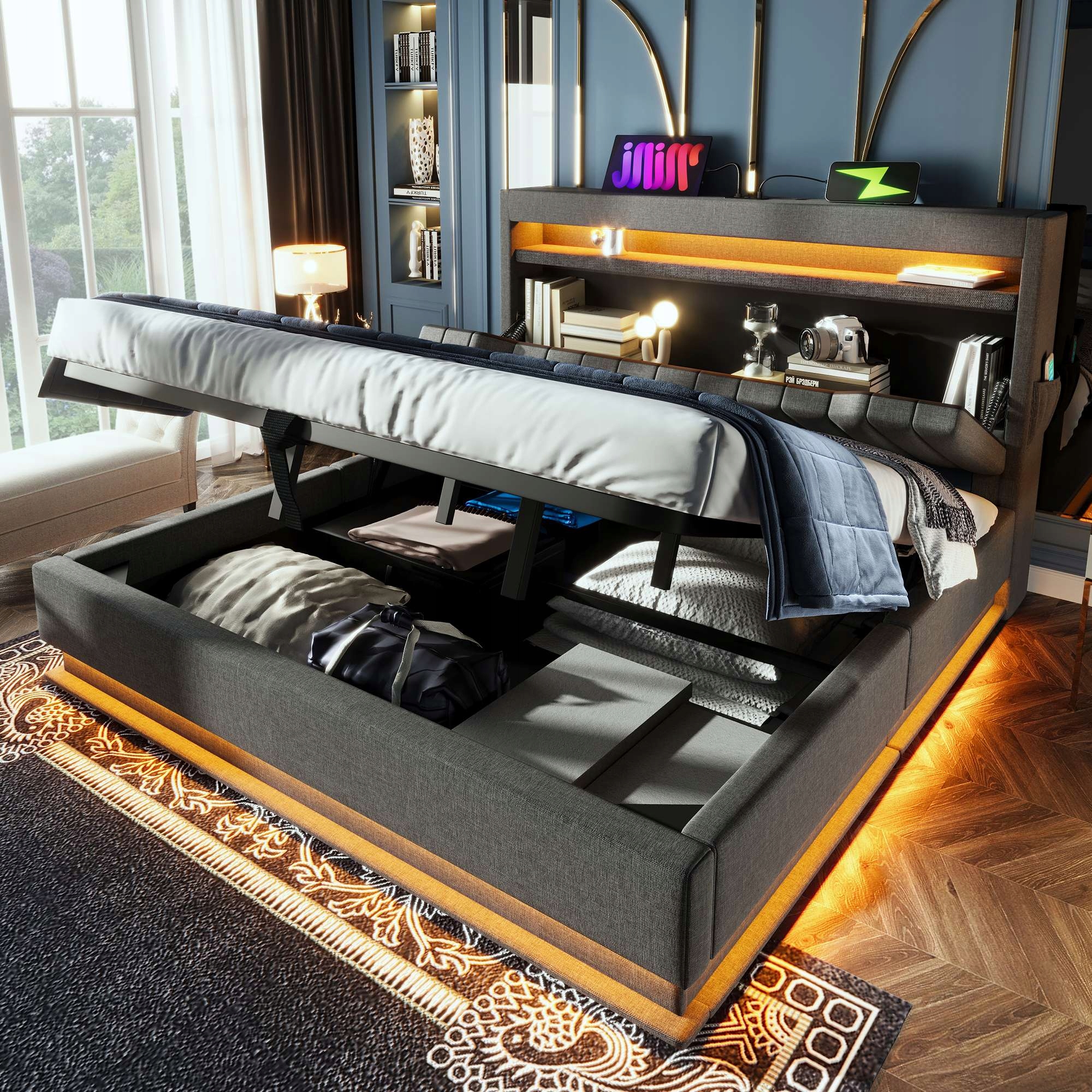 Dvojlůžko Čalouněná postel LED USB a typ C Police 140x200 šedá za 10577 ...