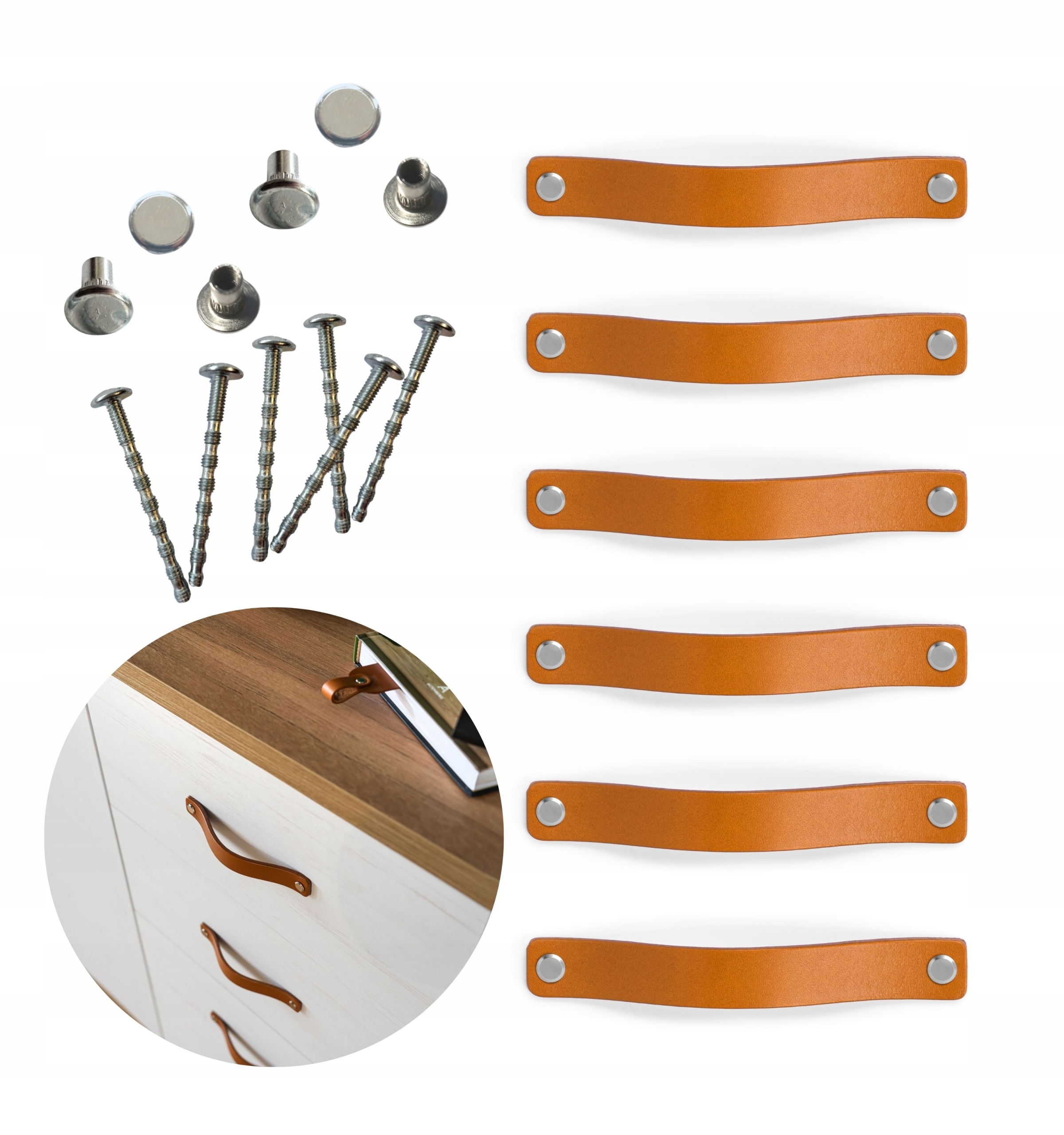 SADA 6 x kožený nábytkový úchyt s rozstupom 128 mm KONIAK scandi boho ...