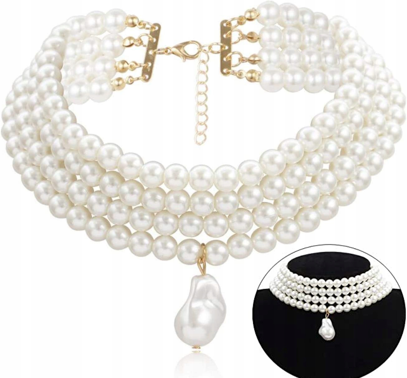 Damski Złoty Naszyjnik choker multi perły szeroki (5904555956346 ...