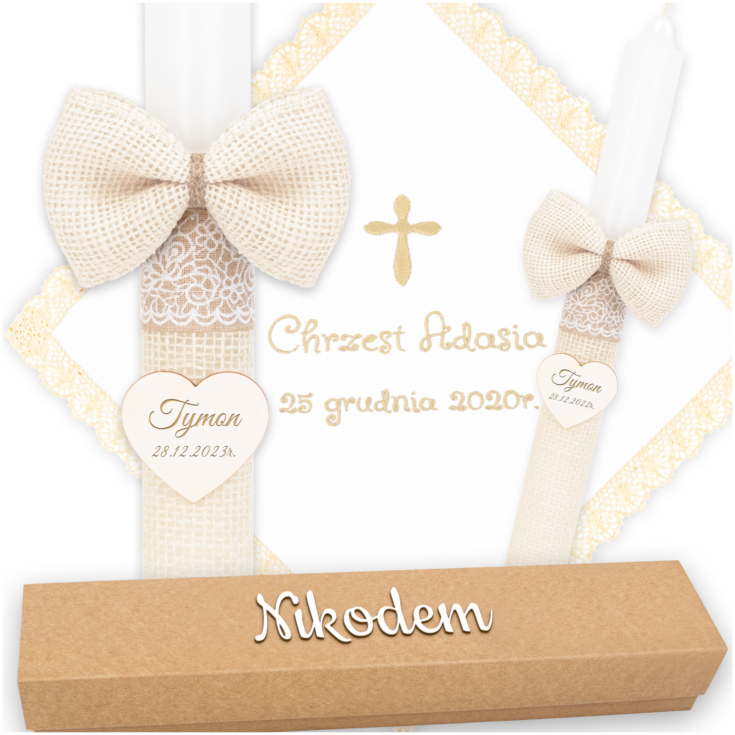 ŚWIECA NA CHRZEST SZATKA I ŚWIECA do chrztu HAFT + PUDEŁKO styl BOHO ...