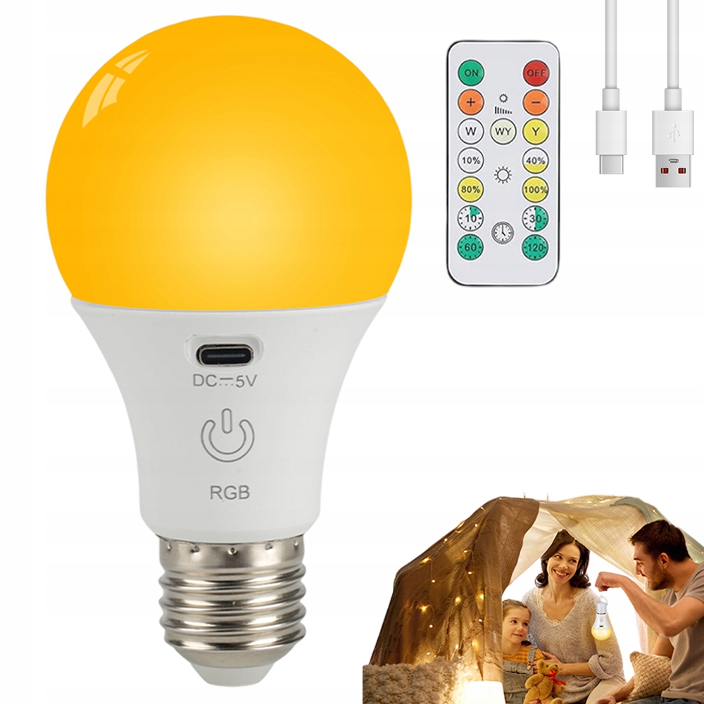 ŻARÓWKA LED RGBW Z PILOTEM ŁADOWANA USB 2000MAH TIMER NOCNA - 887484601363 - 18128365111 - Allegro