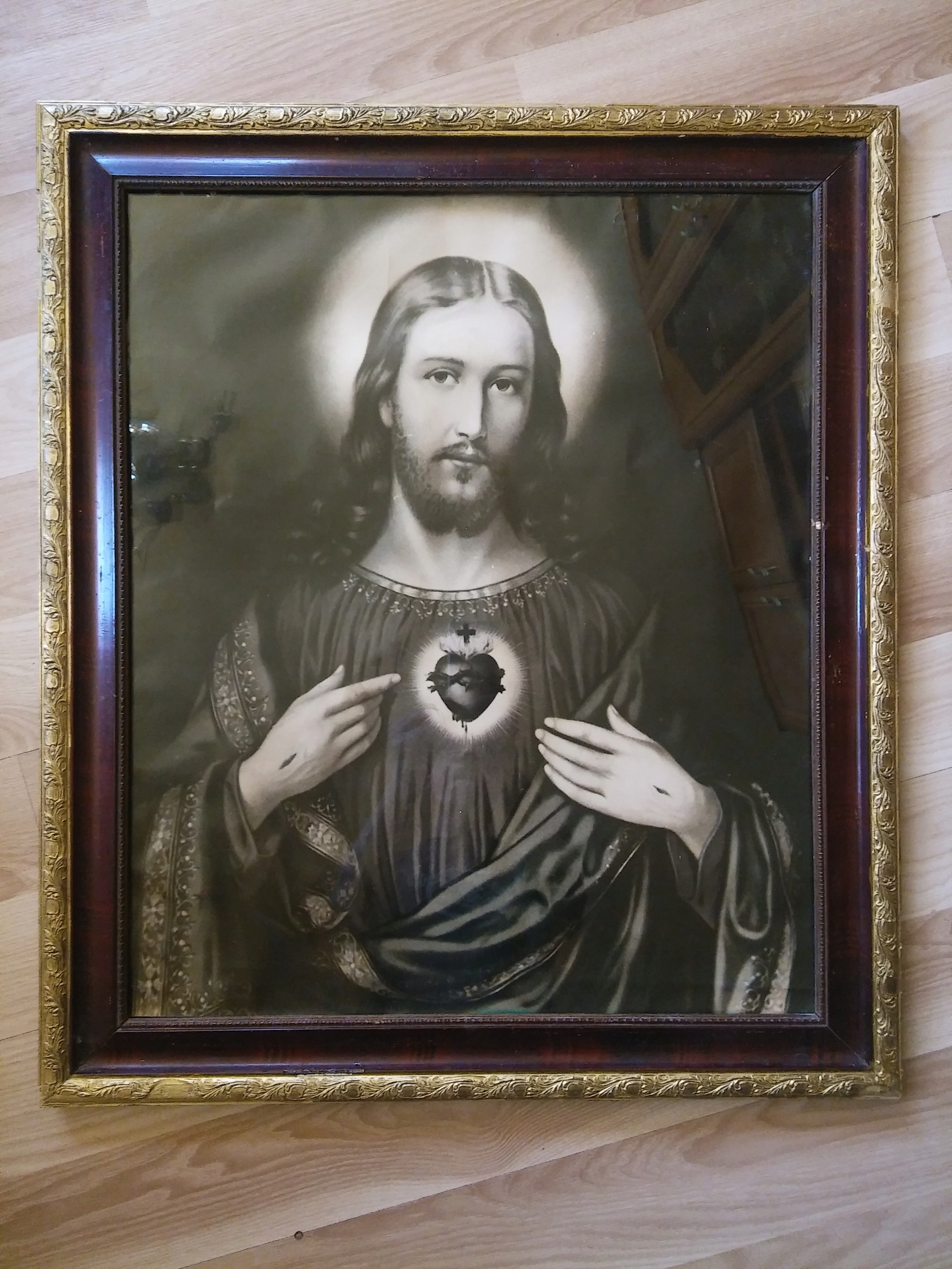 STARY DUŻY OBRAZ SERCE JEZUSA STARA DREWNIANA RAMA 13839259481 - Allegro.pl