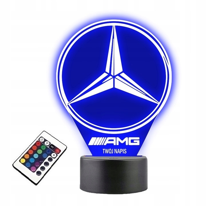 LAMPKA na SZKLE Samochód Mercedes LOGO 3D LED RGB + PILOT 16 KOLORÓW ...