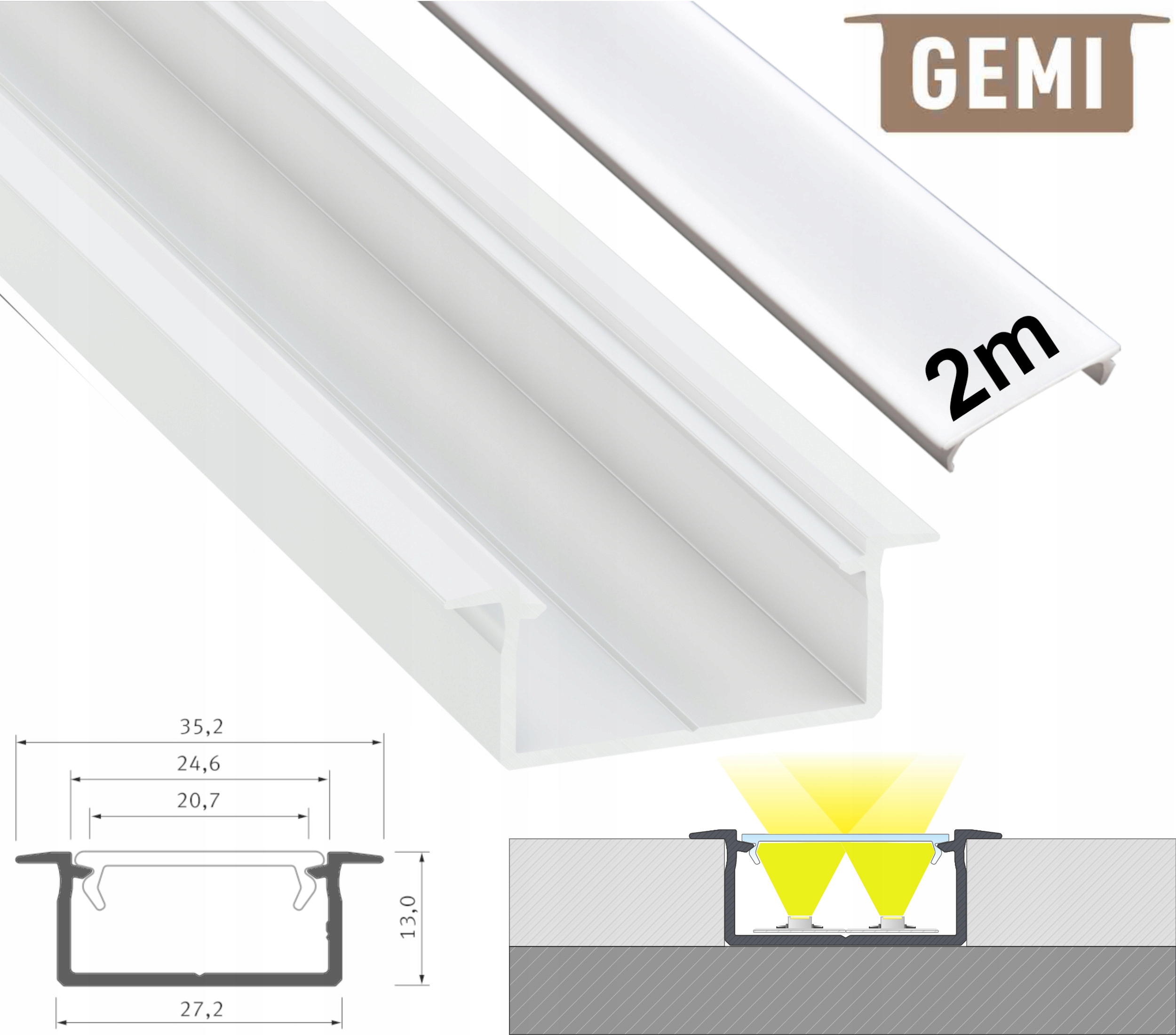 PROFIL DO TAŚM LED SZEROKI NA 2 TAŚMY LED GEMI WPUSZCZANY BIAŁY 2M ...