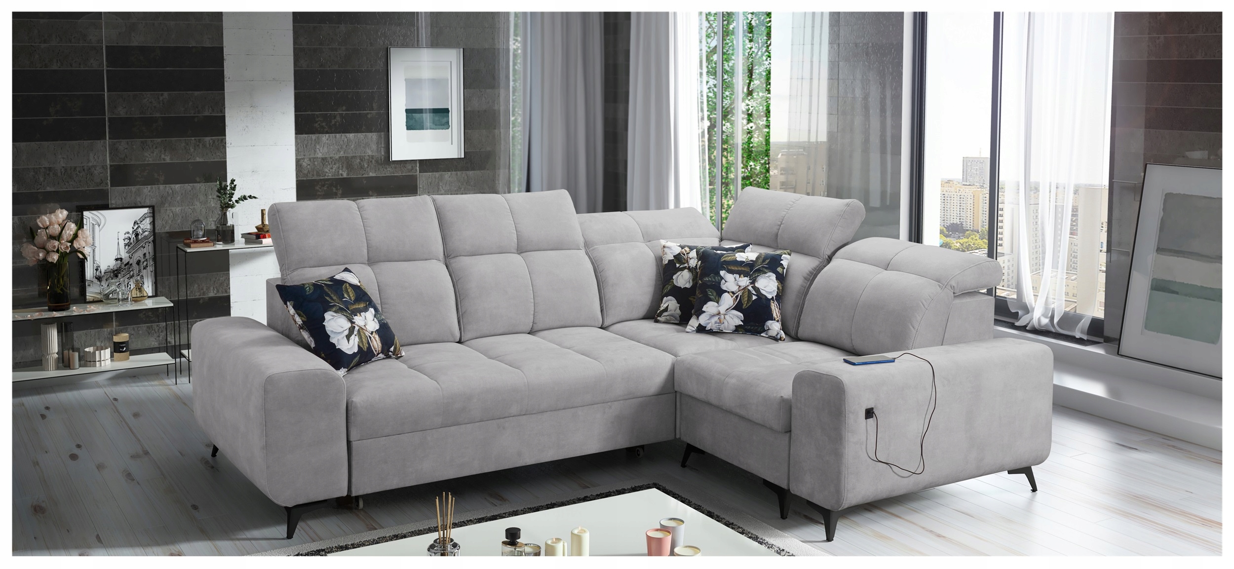 Narożnik nowoczesny z funkcją spania usb regulowane zagłówki GOLDEN II ...