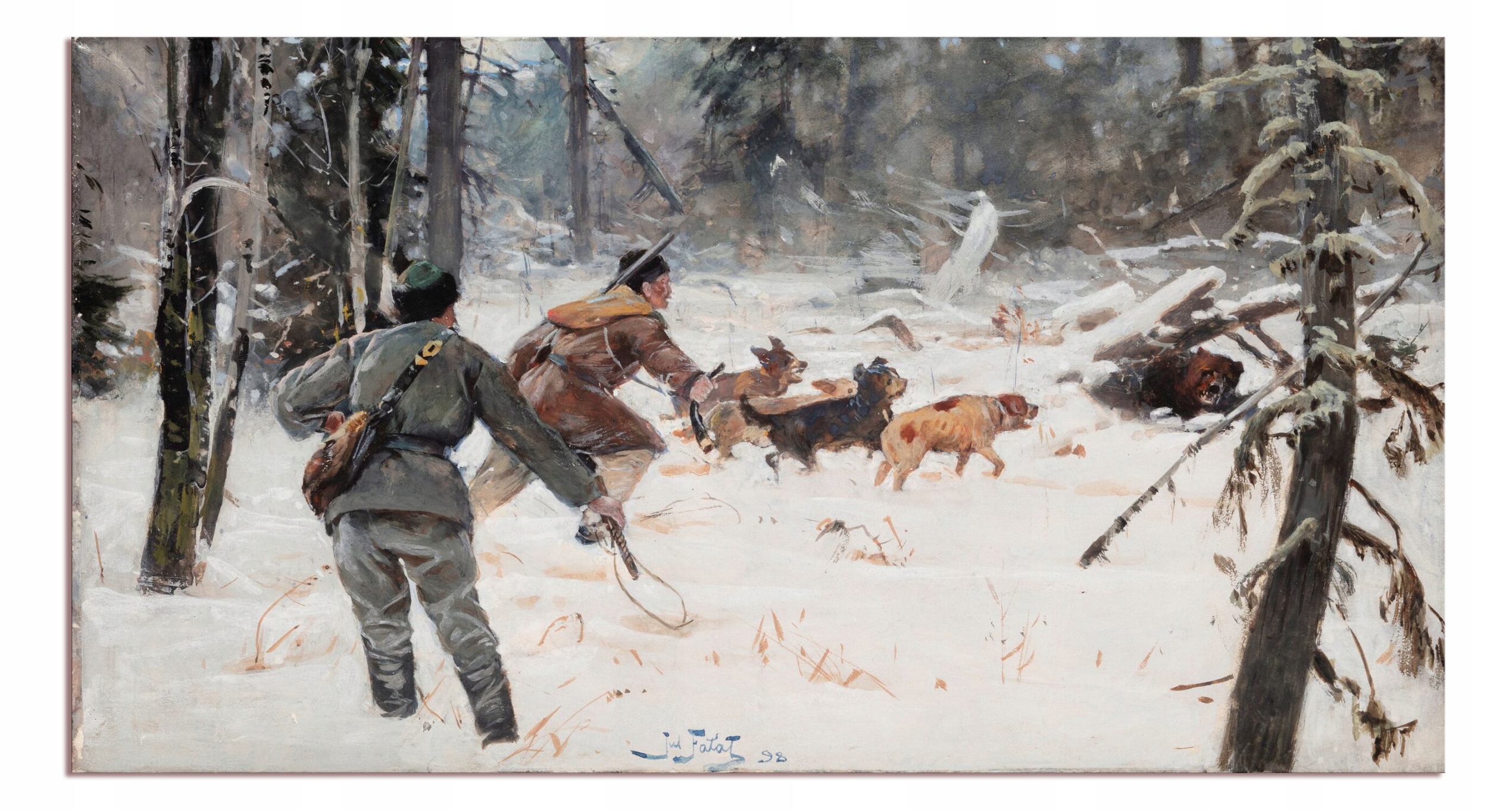 J. Fałat - Polowanie na niedźwiedzia obraz płótno • Cena, Opinie • Obrazy 13340965978 • Allegro