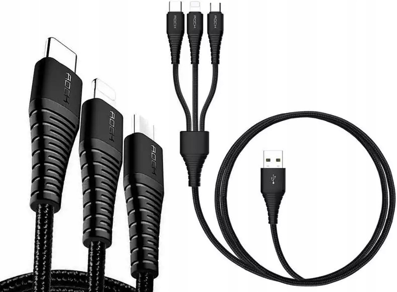 Zestaw kabli USB - USB typ C / microUSB / Lightning Rock - Sklep, Opinie, Cena w Allegro