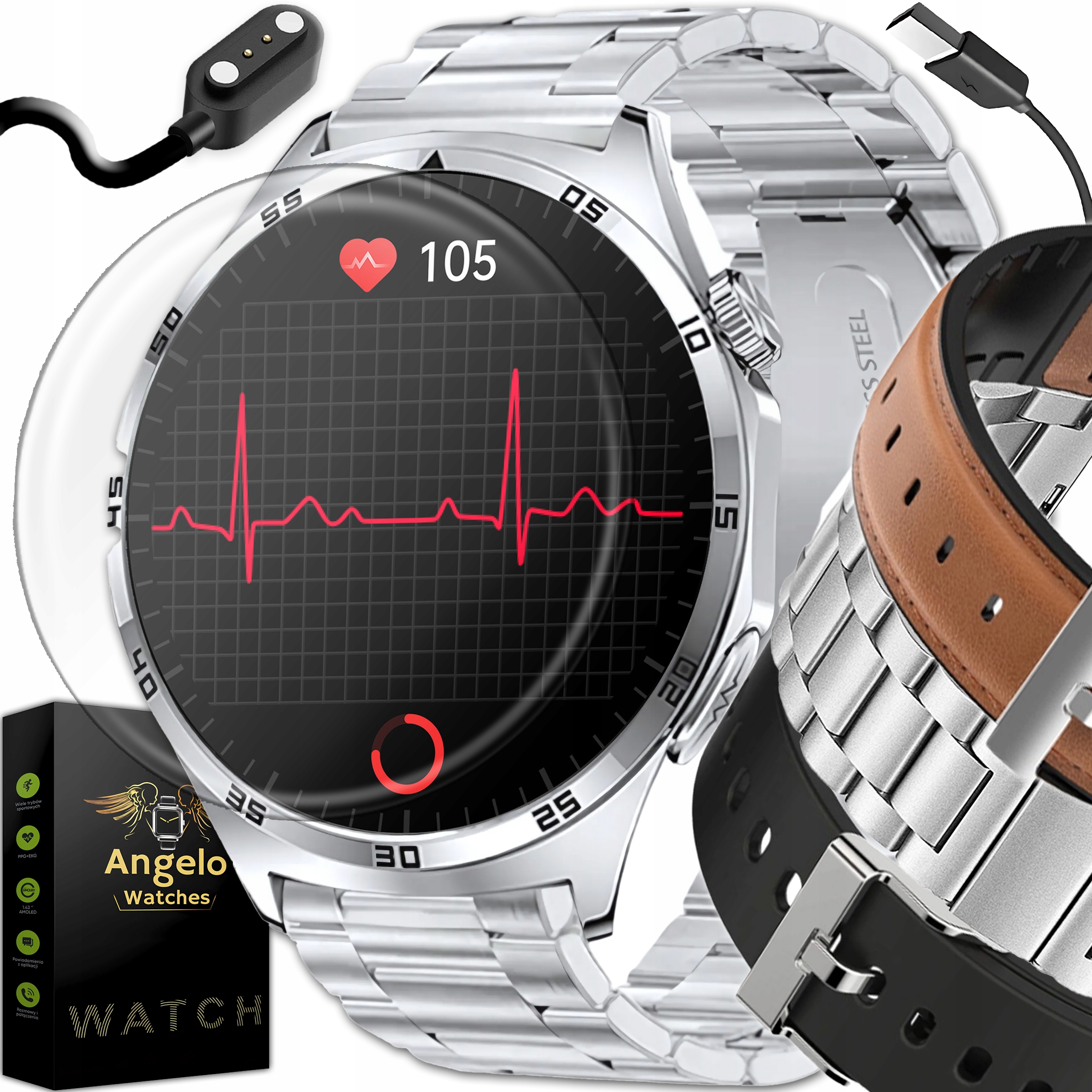 SMARTWATCH MĘSKI KARDIOWATCH EKG CUKIER HRV PPG ROZMOWY AMOLED 440 MENU ...