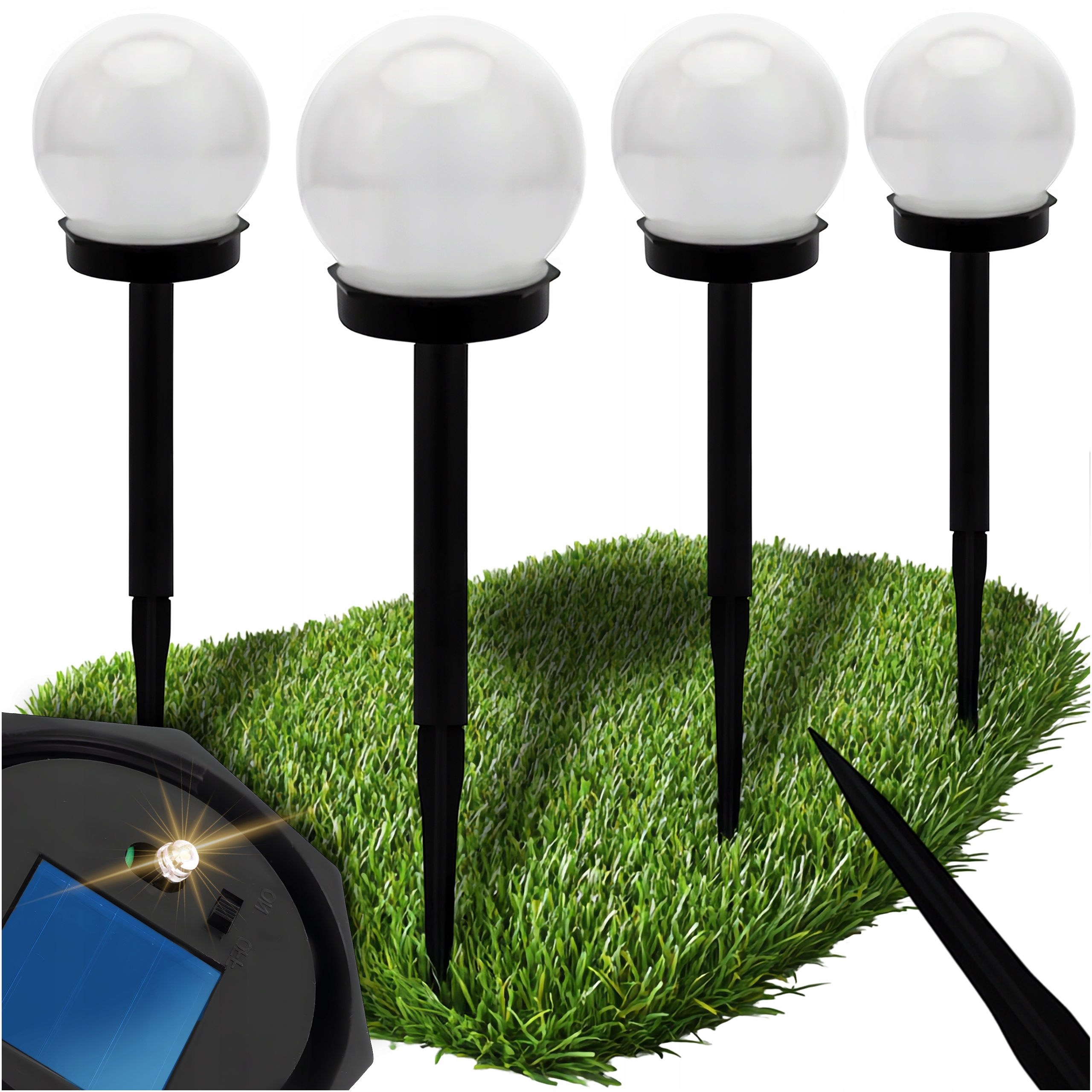 4X KULA SOLARNA LAMPA LED OGRODOWA WBIJANA BIAŁA 34 CM KULE OGRODOWE LAMPKI (5903857192506 ...