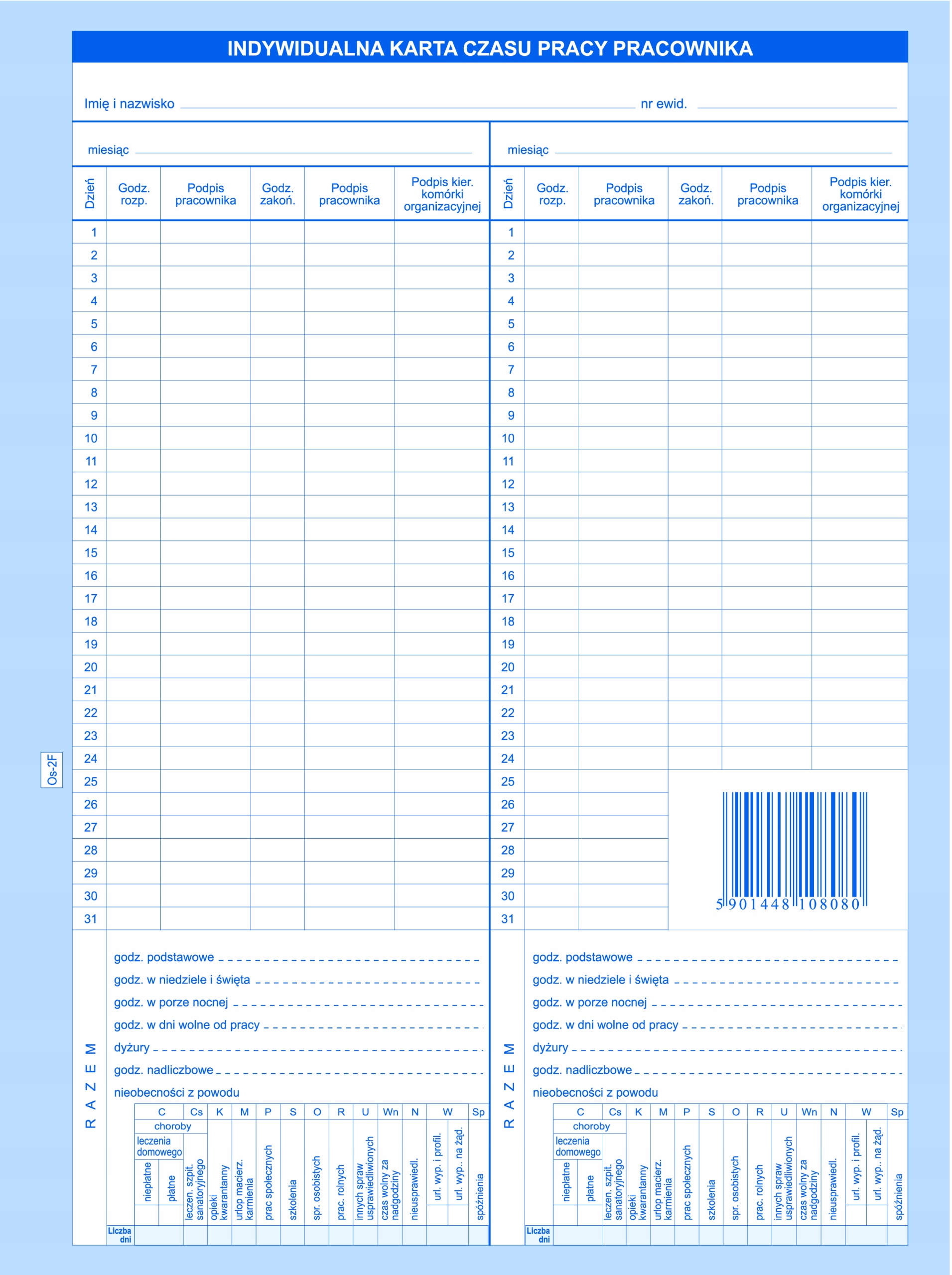 INDYWIDUALNA KARTA CZASU PRACY • Cena, Opinie - Allegro