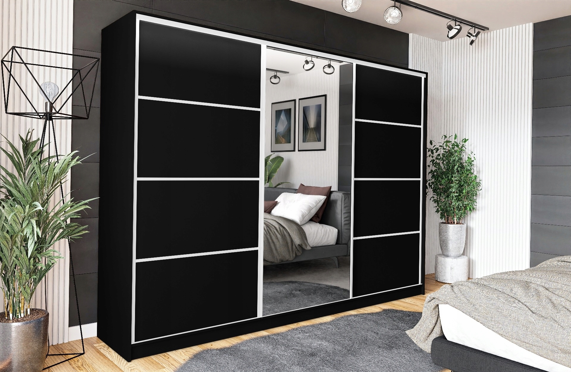 Duża czarna szafa przesuwna VIP 270 cm z półkami i lustrem ... Duża czarna szafa przesuwna VIP 270 cm z półkami i lustrem ...