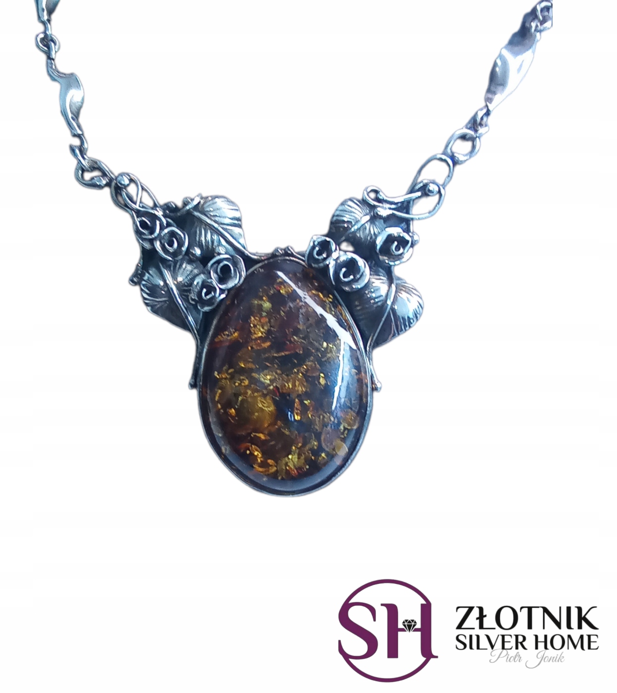 Unikatowa srebrna kolia z bursztynem 13694001689 - Allegro.pl