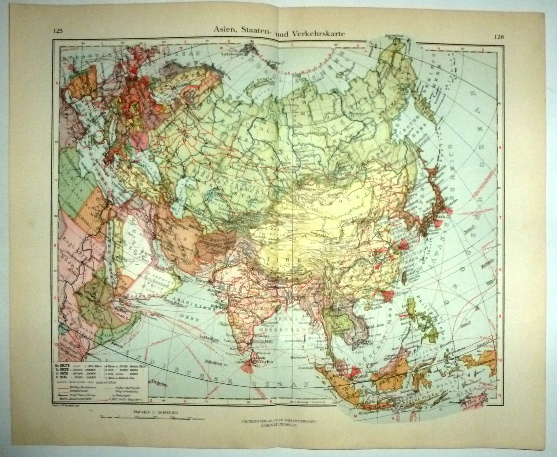 Mapa EVROPA ASIE politická mapa 1934 Minerva Atlas 42 x 34 cm - Allegro