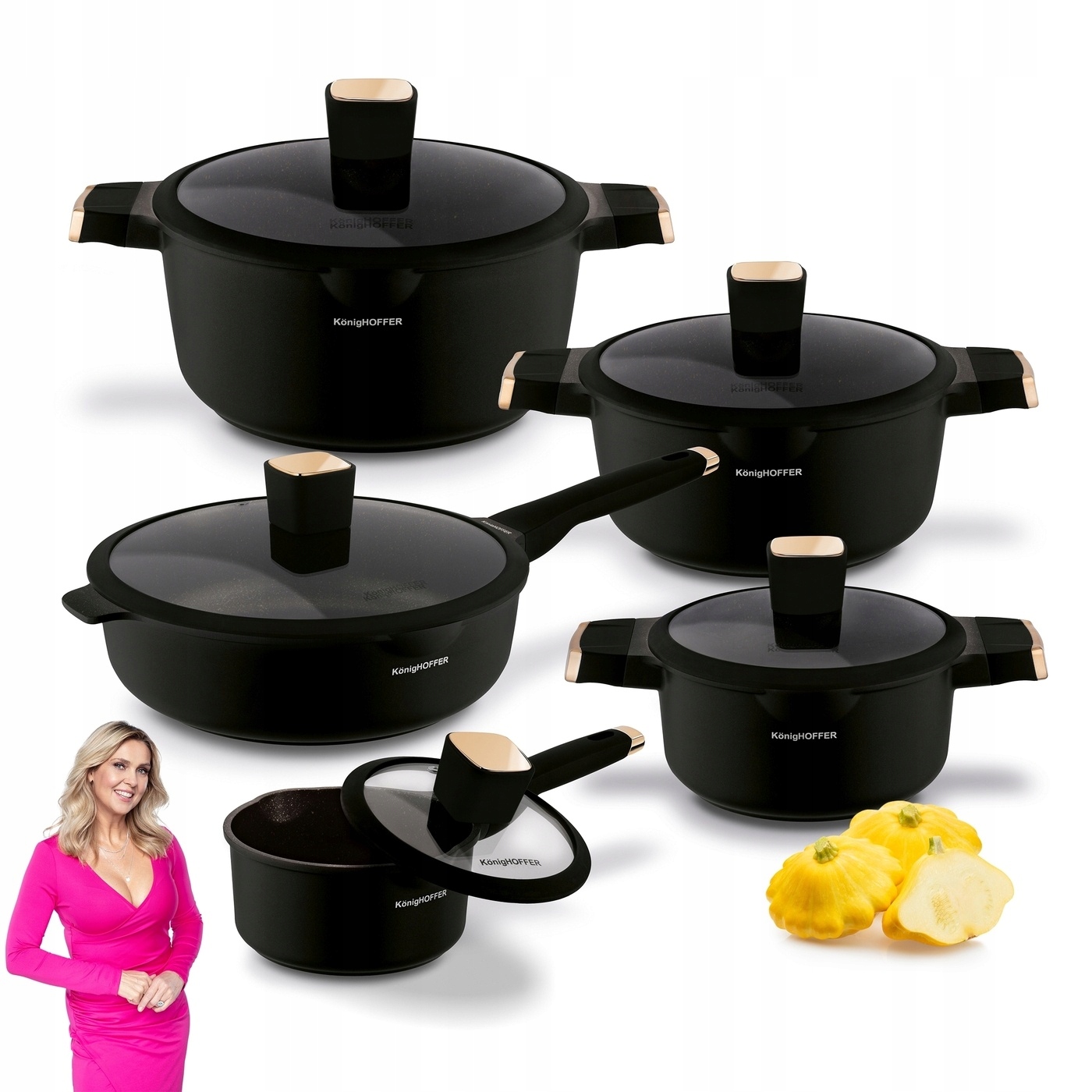 ZESTAW GARNKÓW INDUKCJA komplet PATELNIA z pokrywką RONDELEK Black Rose ...