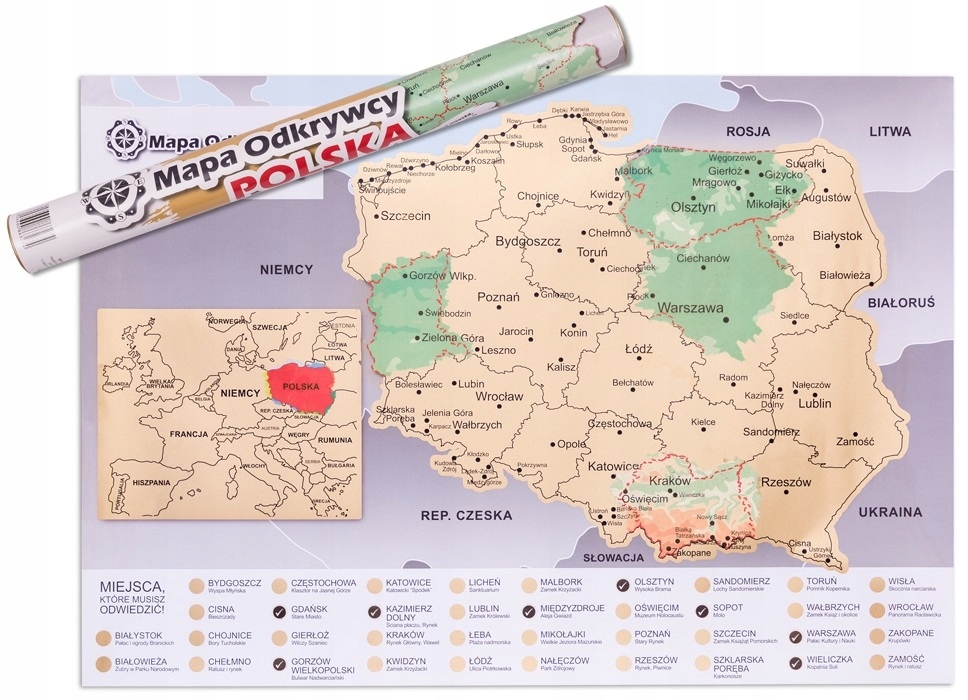 MAPA ZDRAPKA POLSKI +MIASTA PLAKAT ŚCIENNY PREZENT 12065849738 - Sklepy ...