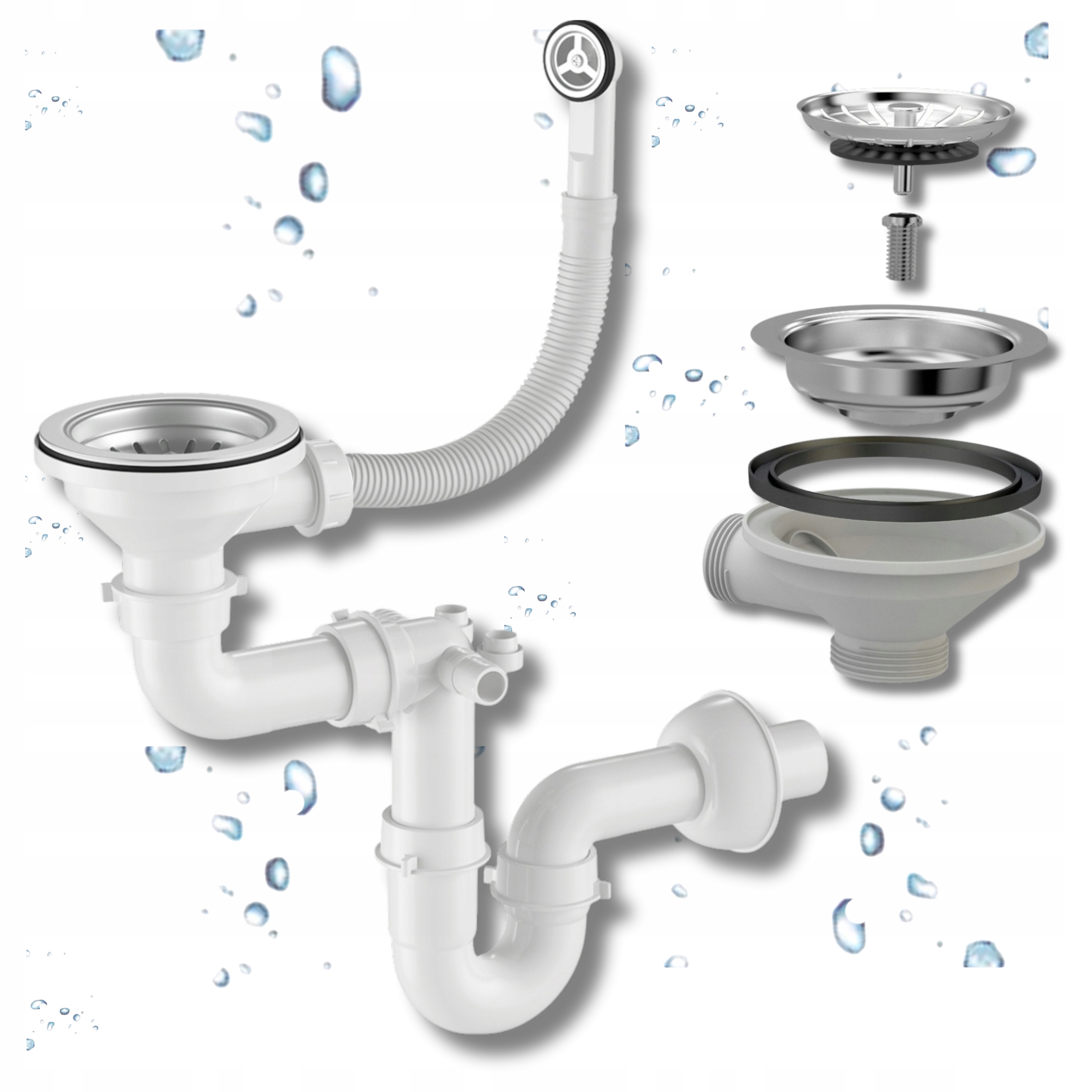 SYFON PRZYŚCIENNY do Zlewu Odpływ CHROM Jednokomorowy z Przelewem ...